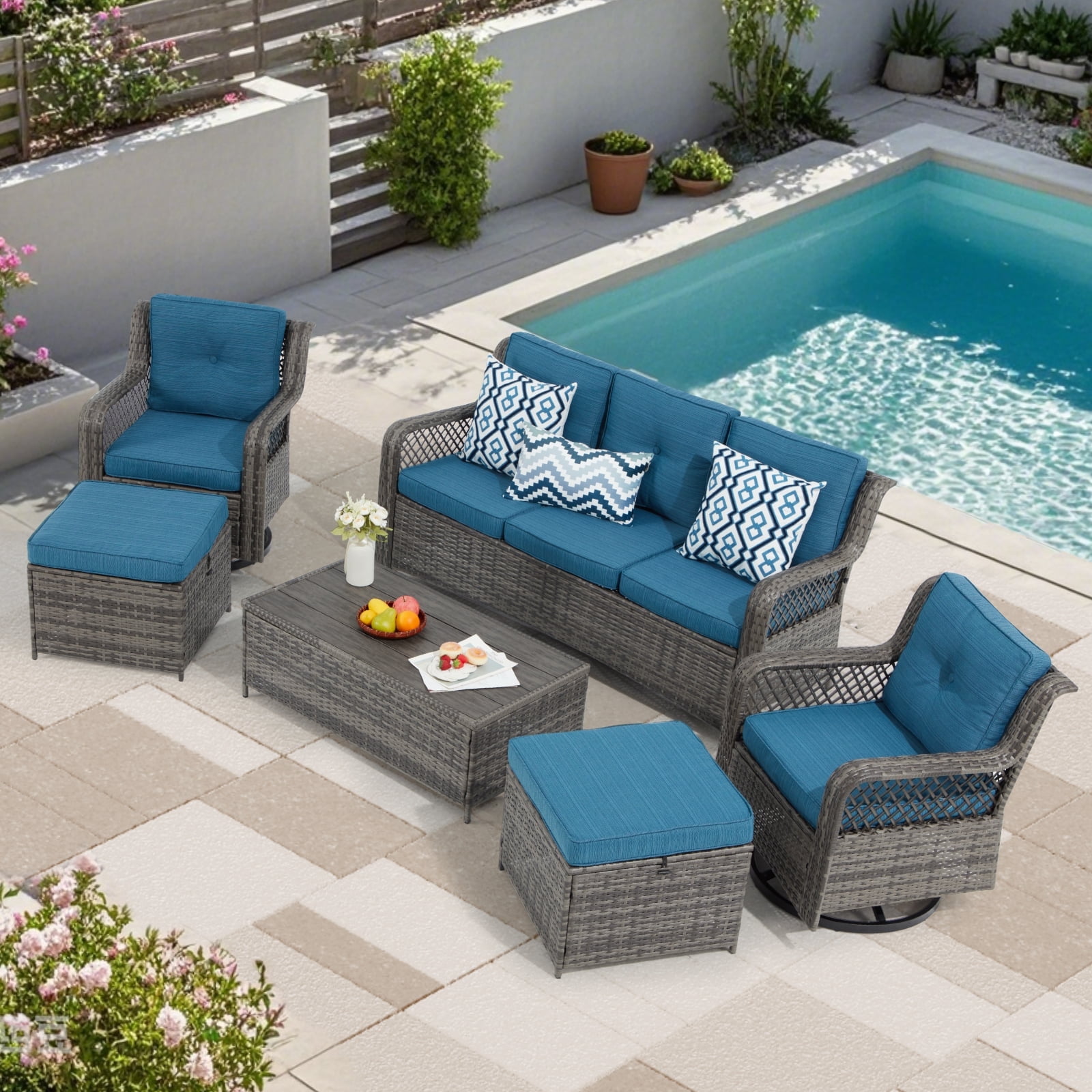 Yalissey 6PCS Outdoor Swivel Gliders Set with Ottoman HDPE Table, 360 ...