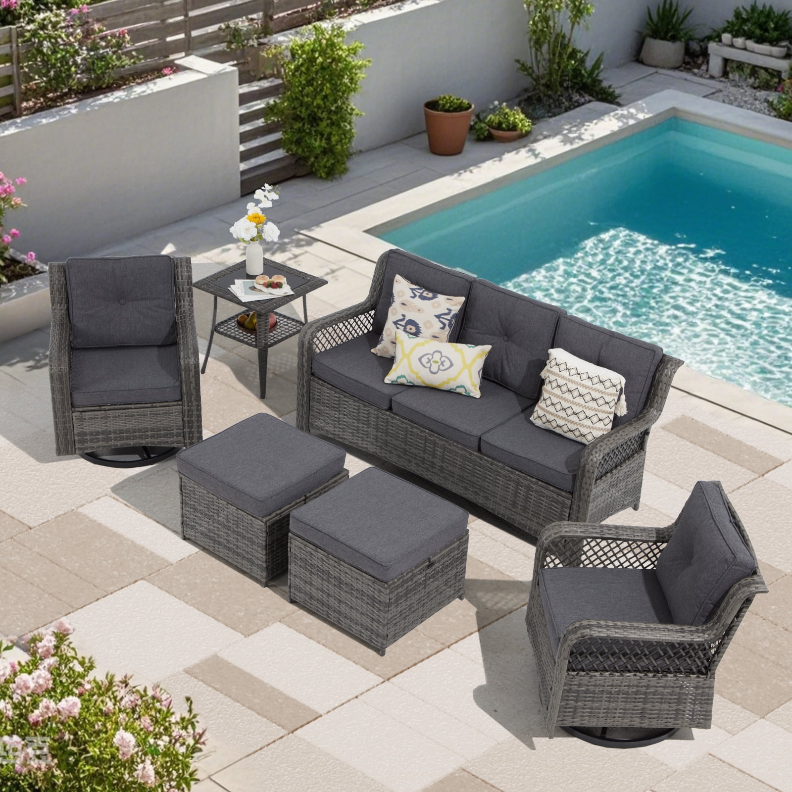 Yalissey 6PCS Outdoor Swivel Gliders Set with Ottoman Table, 360-Degree ...