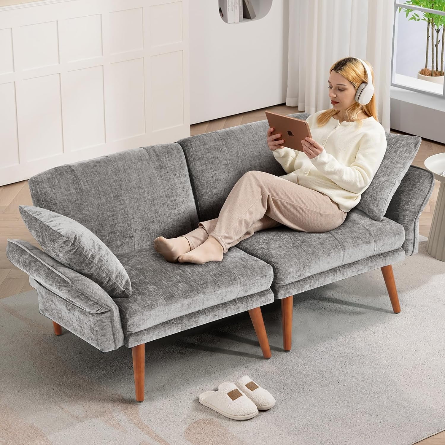 Yalissey Modern Loveseat Sectional Couch with USB, Chenille Fabric ...