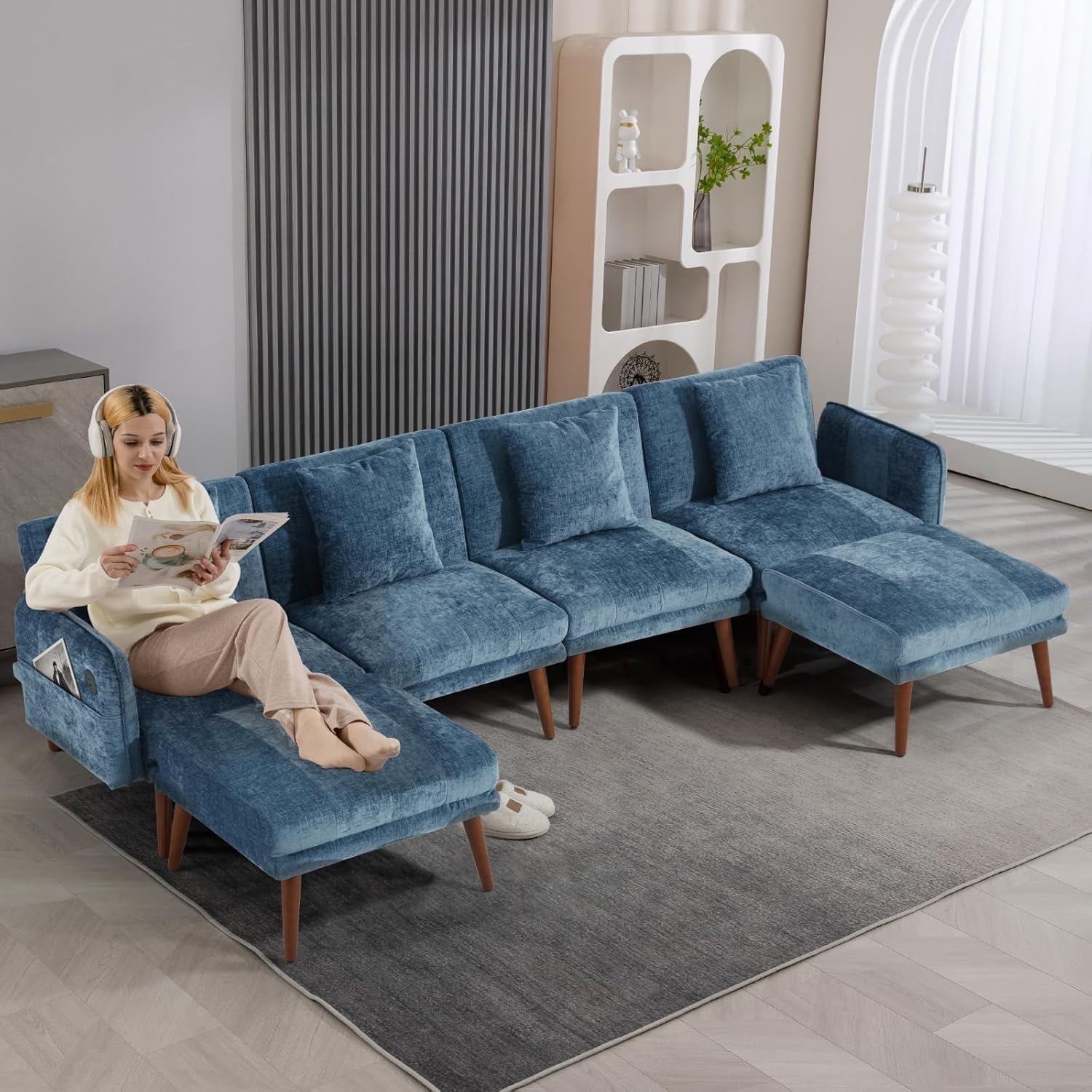 Yalissey Sectional Sofa with Adjustable Backrest and Armrest, Chenille ...