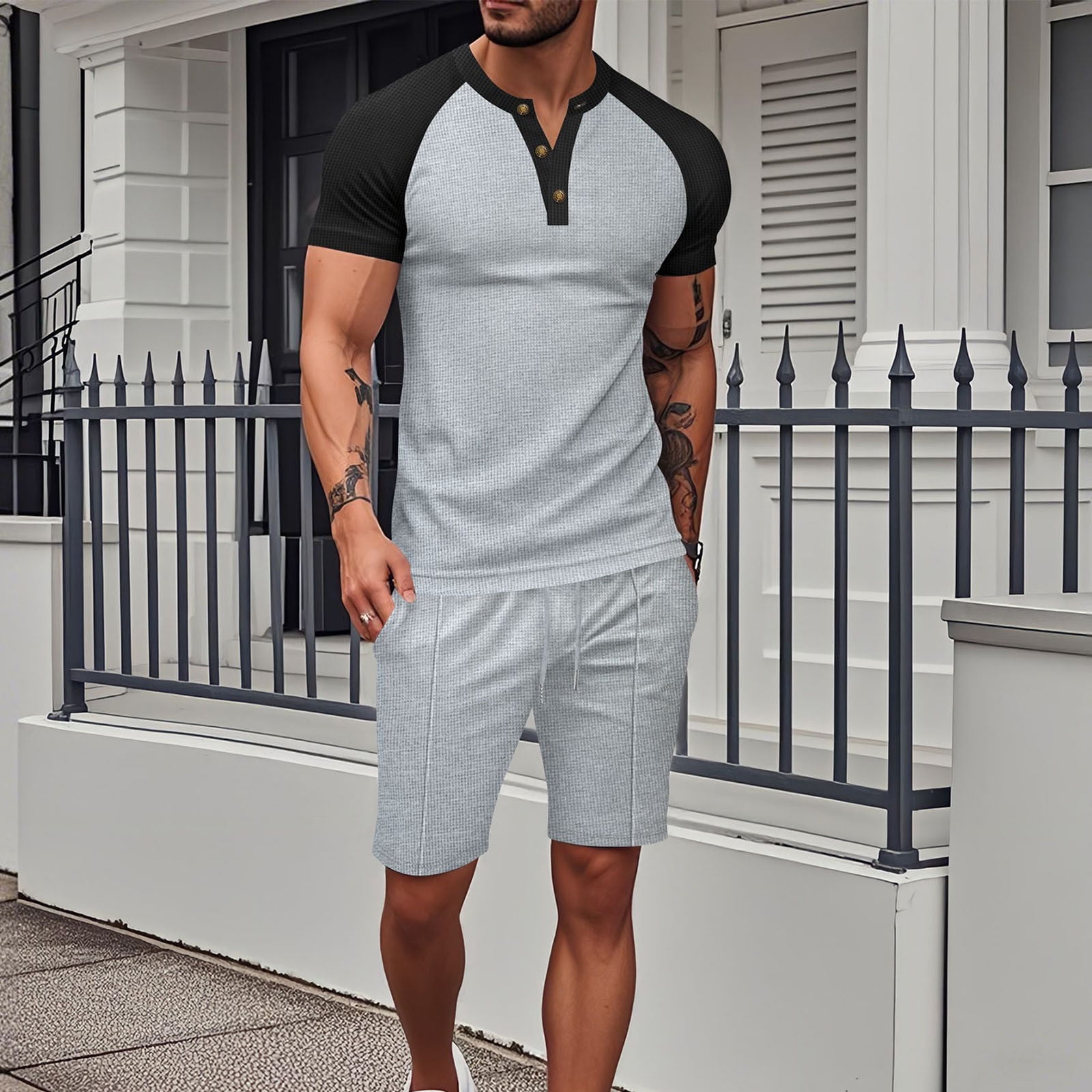 Yaltungu Short Sets for Men 2 Piece Drop Shoulder Button Neck Shirts ...