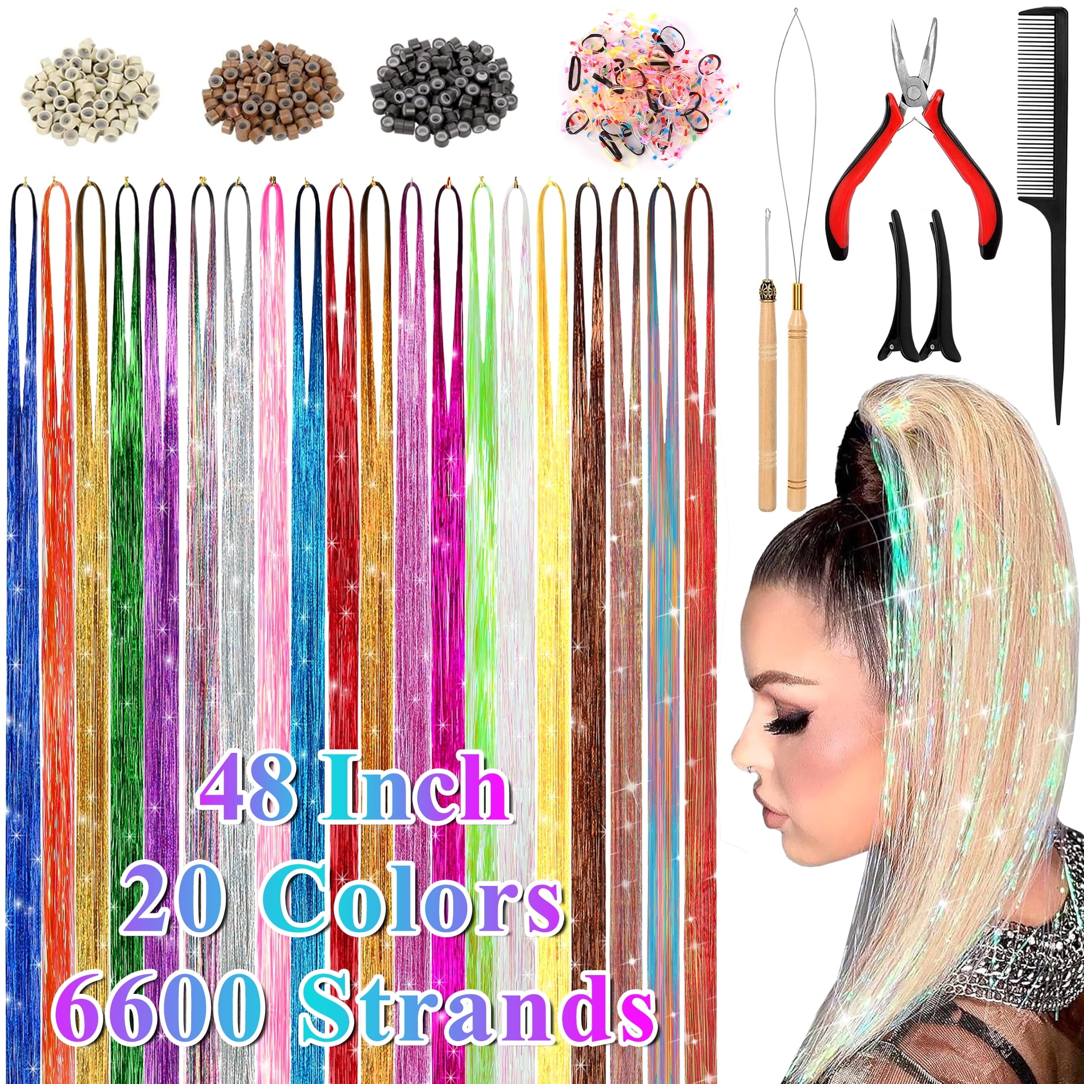Yalumo 20 Colors Hair Tinsel Kit, 48 Inch 6600 Strands Glitter Fairy ...