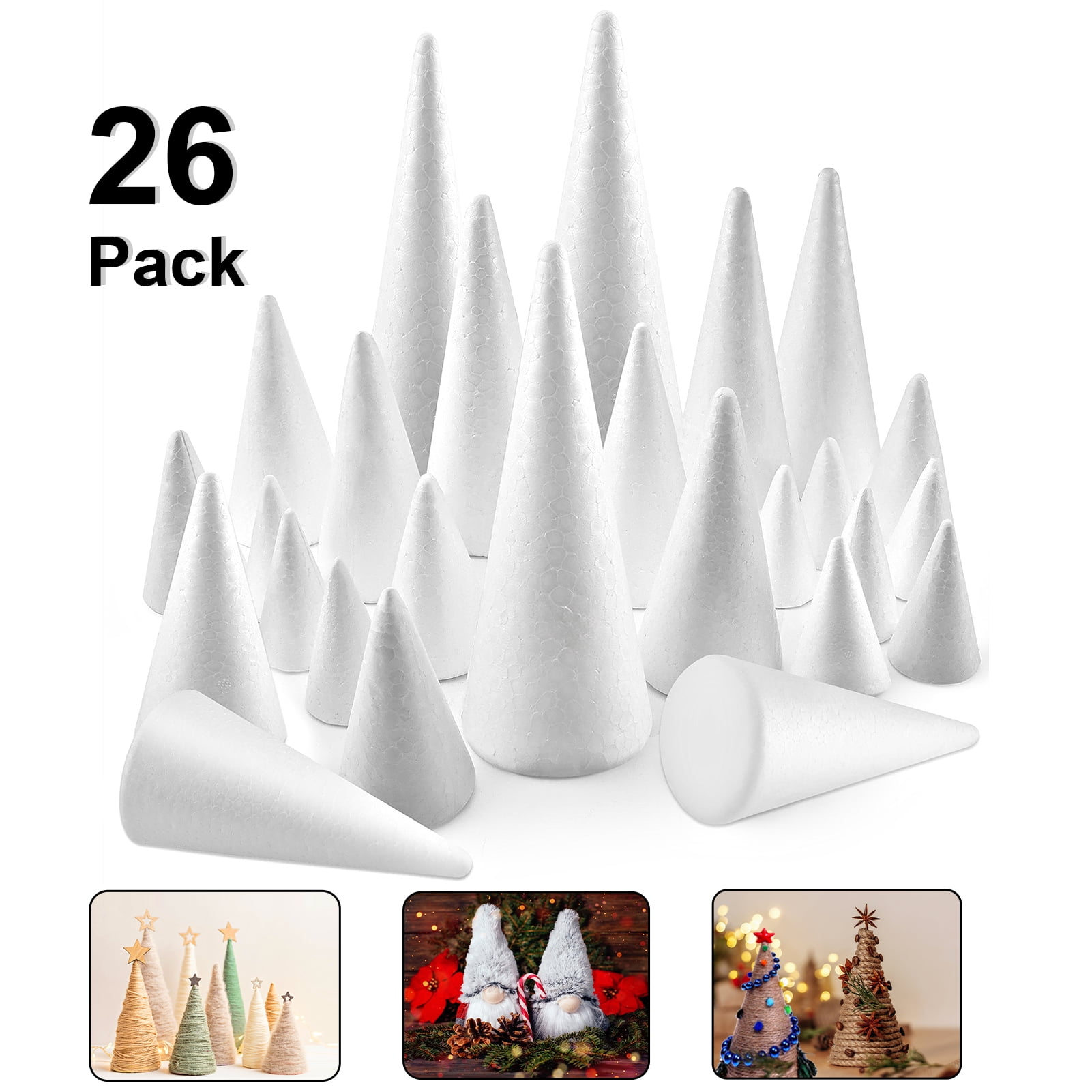 Yalumo 26 Pack Foam Cones for Crafts, 5 Assorted Size White Polystyrene ...