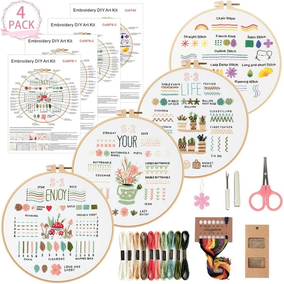 Yalumo Embroidery Kit for Adult Beginners, 4 Pack Stitch Practice Set ...