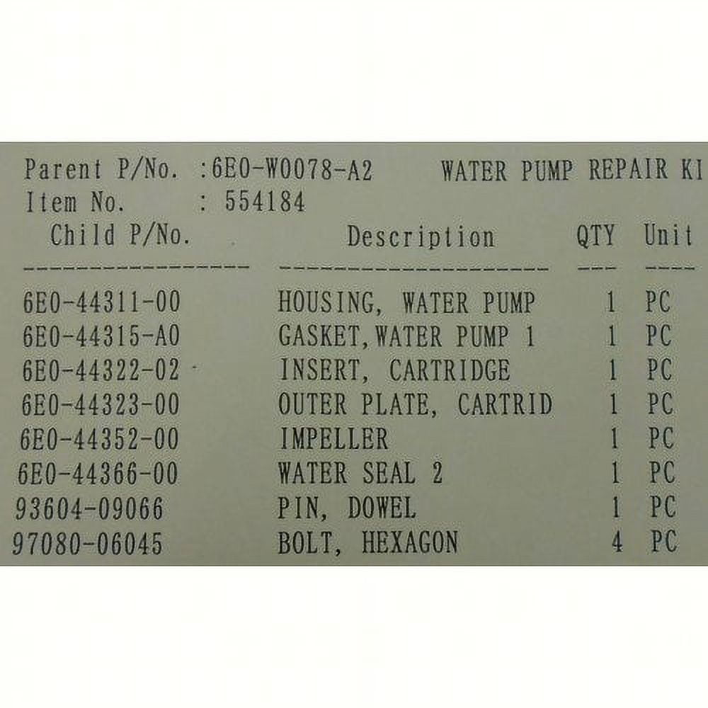 Yamaha 6E0-W0078-02-00 Water Pump Rep Kit; New # 6E0-W0078-A2-00 ...