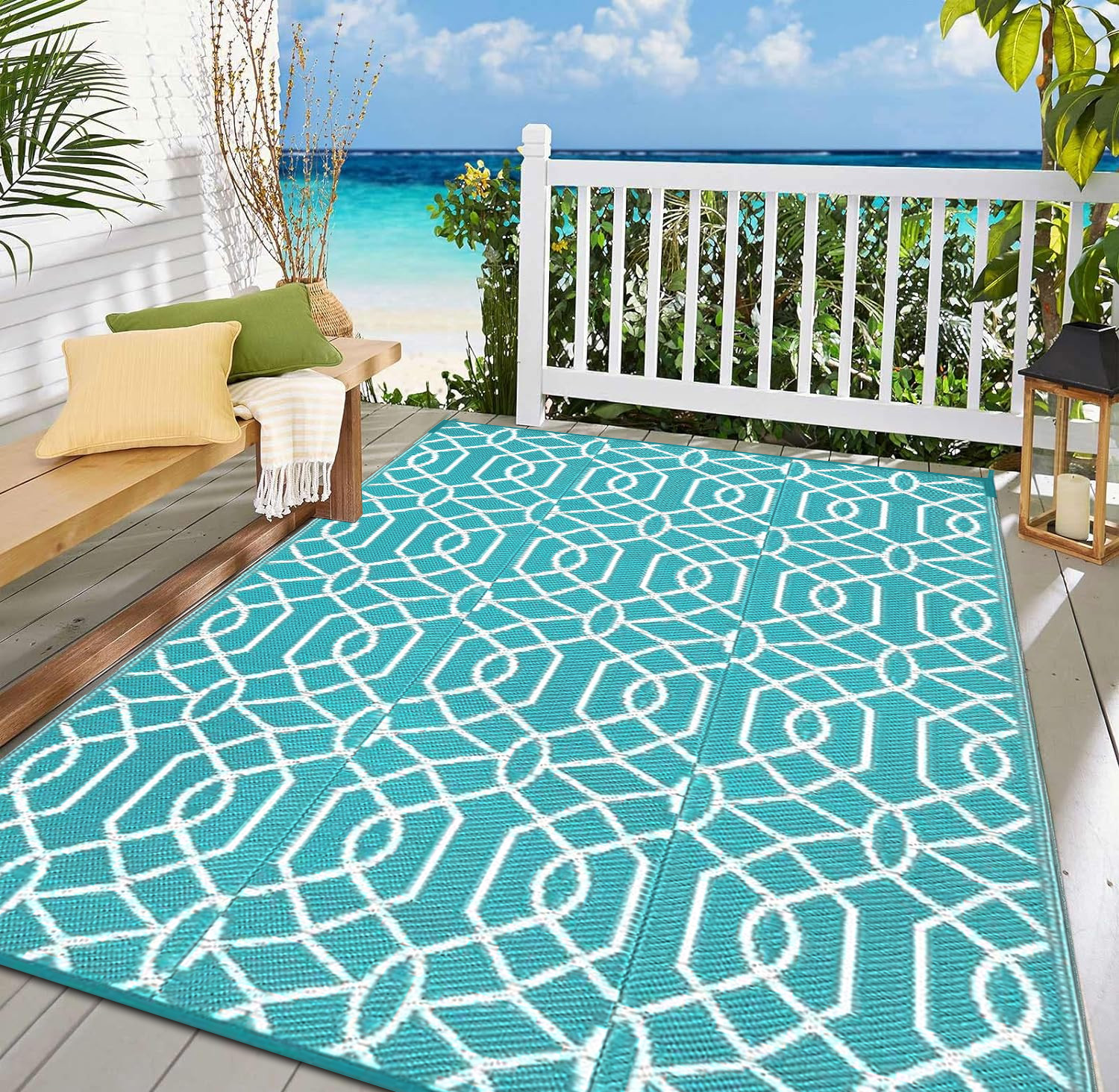 Yamaziot 5'x7' Reversible Outdoor Rug, Teal - Suitable for Patio ...