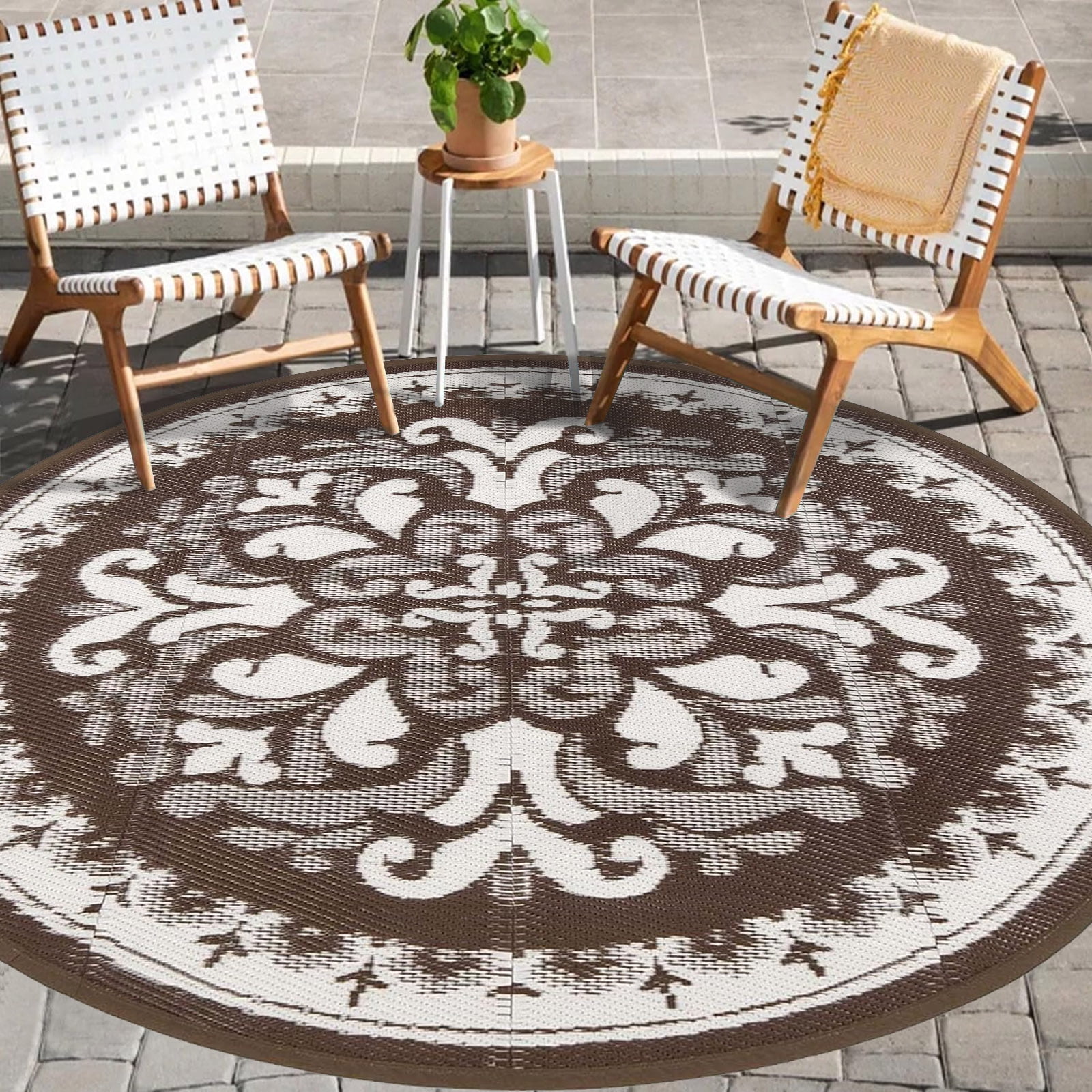 Outdoor Rugs, Yamaziot 6' Round Outdoor Rug for Patio Rug Reversible ...