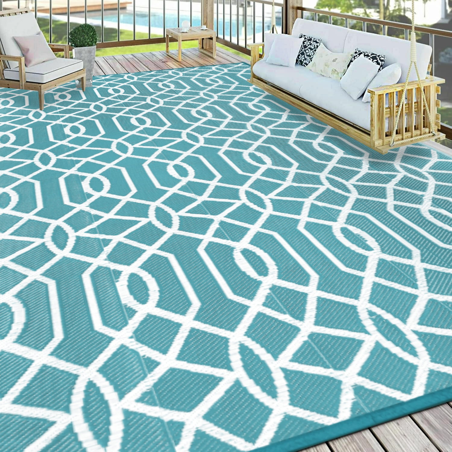 Yamaziot 5'x7' Reversible Outdoor Rug, Teal - Suitable for Patio ...