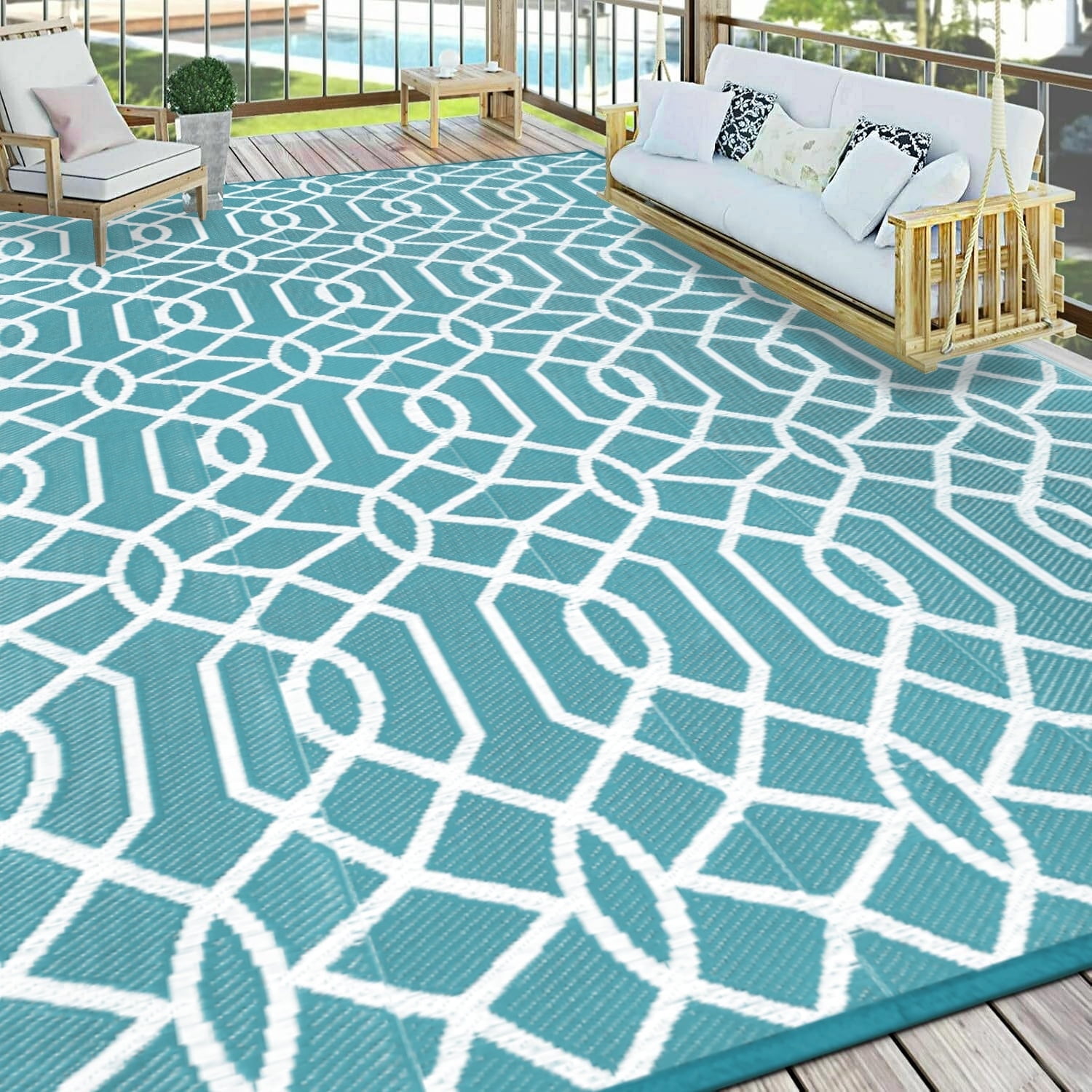 Yamaziot 5'x7' Reversible Outdoor Rug, Teal - Suitable for Patio ...