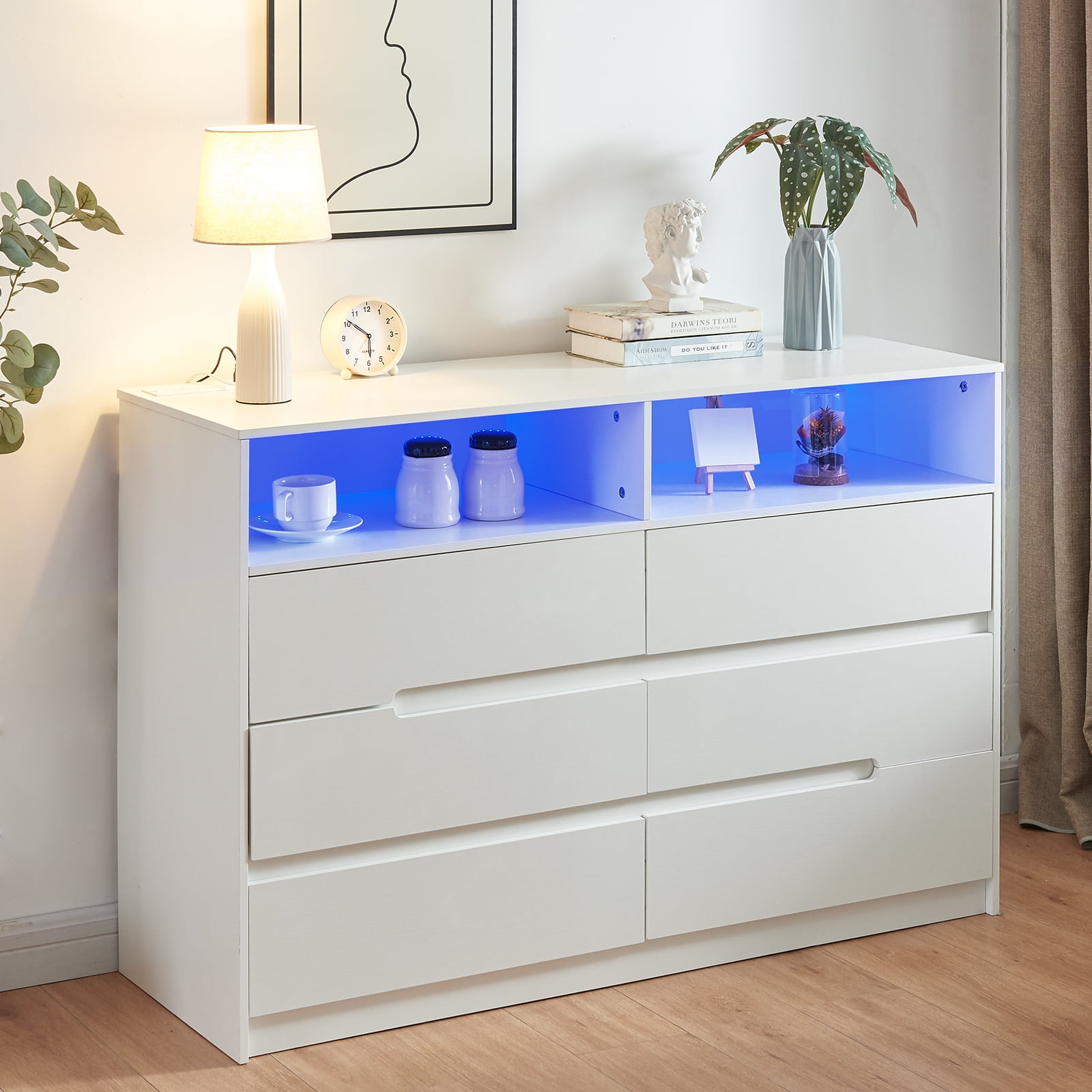 Yamissi Dresser for Bedroom with LED Light, 6-Drawer Dressers Chest of ...