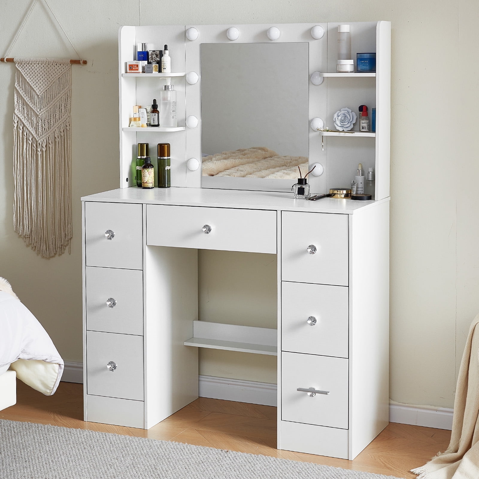 Yamissi Girls Vanity with Lights and Mirror, White Makeup Desk with 7 ...
