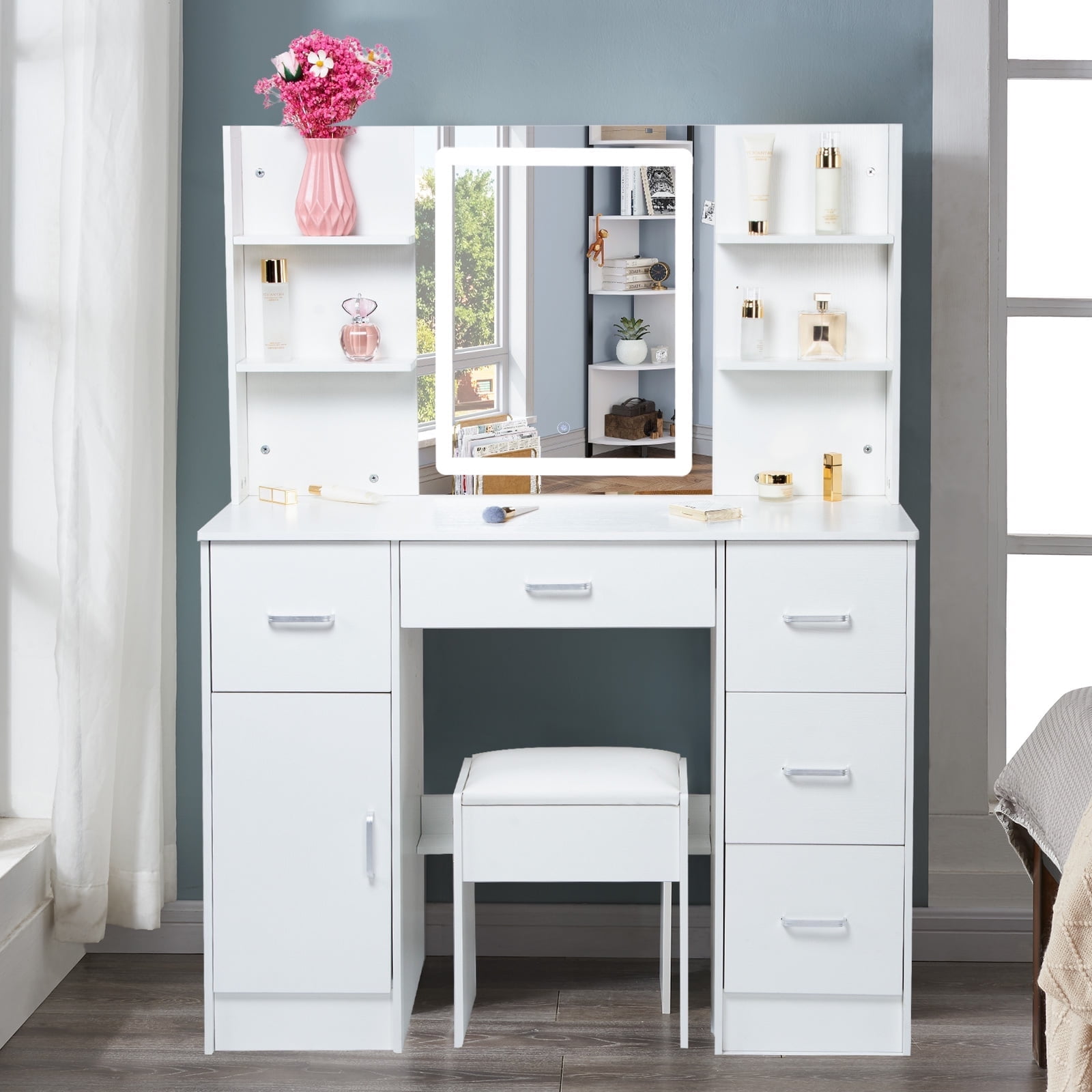 Yamissi Vanity Set with Mirror, Makeup Table, 5 Drawers, Stool, White ...