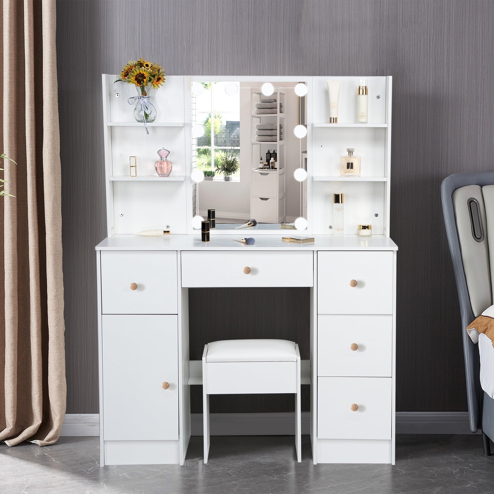 Yamissi Adult Makeup Vanity Desk with Drawers, Cushioned Stool, Mirror ...