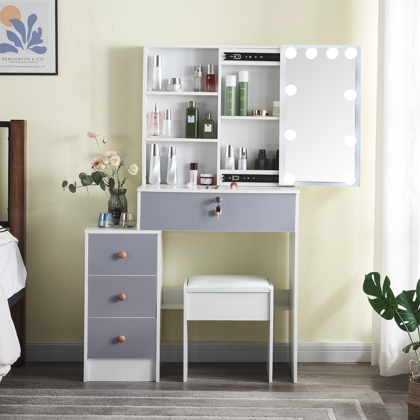 Yamissi Makeup Vanity with Lighted Mirror for Women Girls, Vanity Desk ...