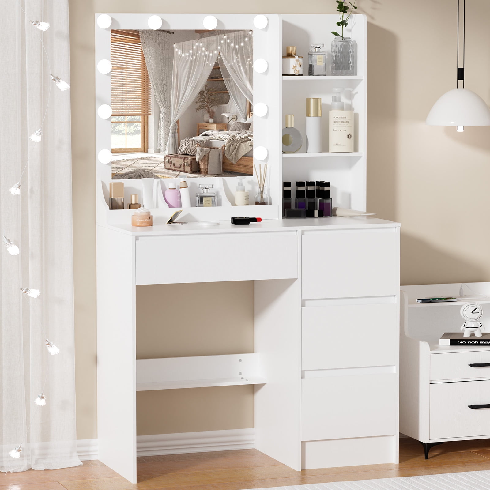 Yamissi Makup Table with Lighted Mirror, Vanity Desk with 3 Color ...