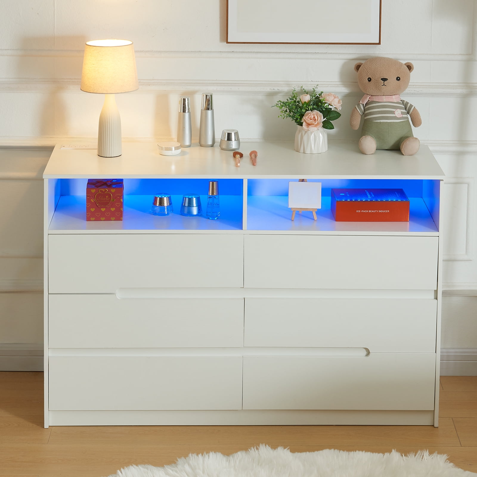 Yamissi 6-Drawer Dresser, LED Lights Dressers for Bedroom, White ...