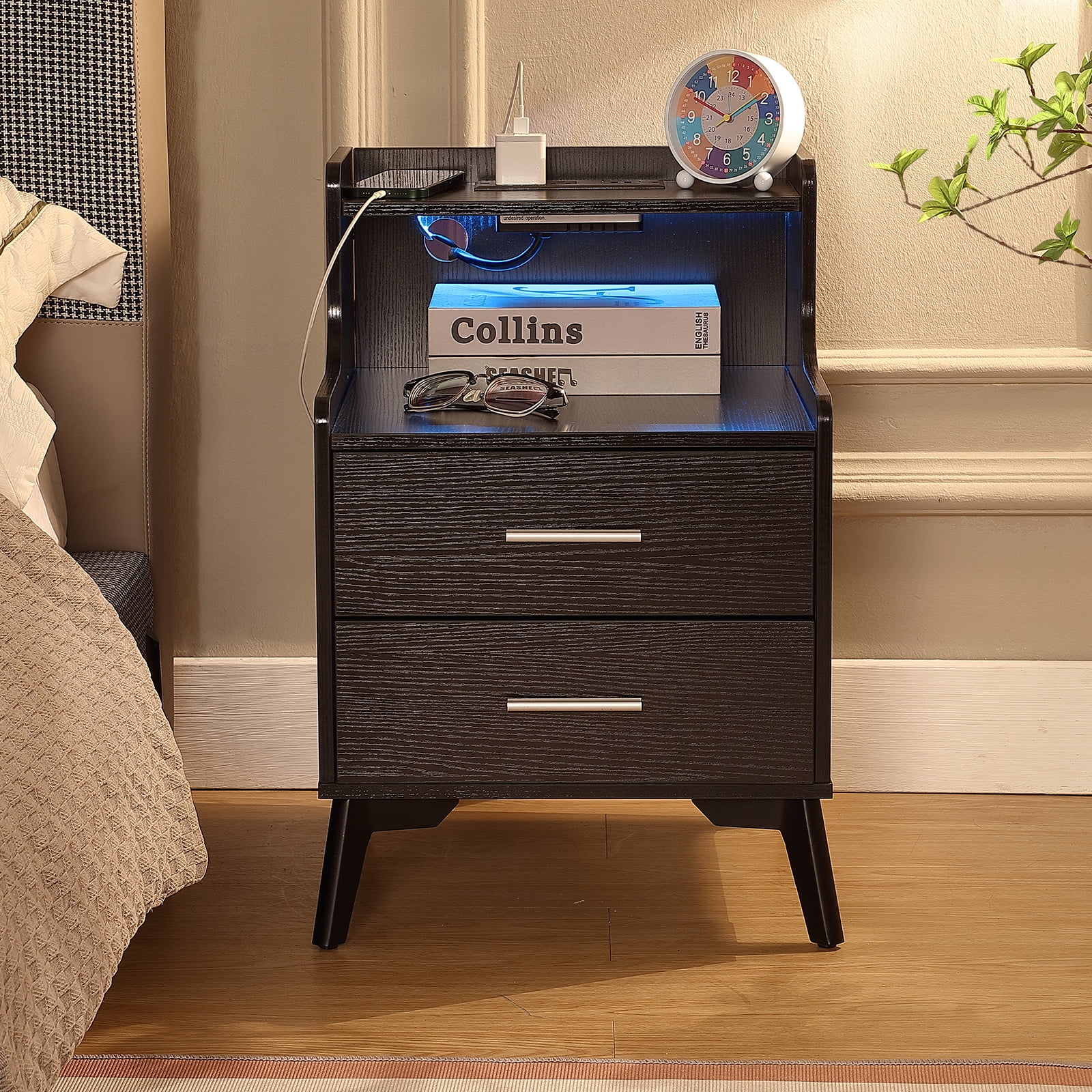Yamissi Nightstands with Charging Station, USB Port, Bedside Table with ...