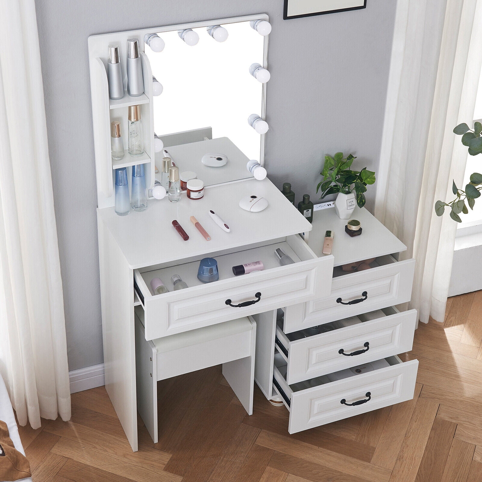 Yamissi Princess Makeup Table for Girls, White Vanity with Lighted ...