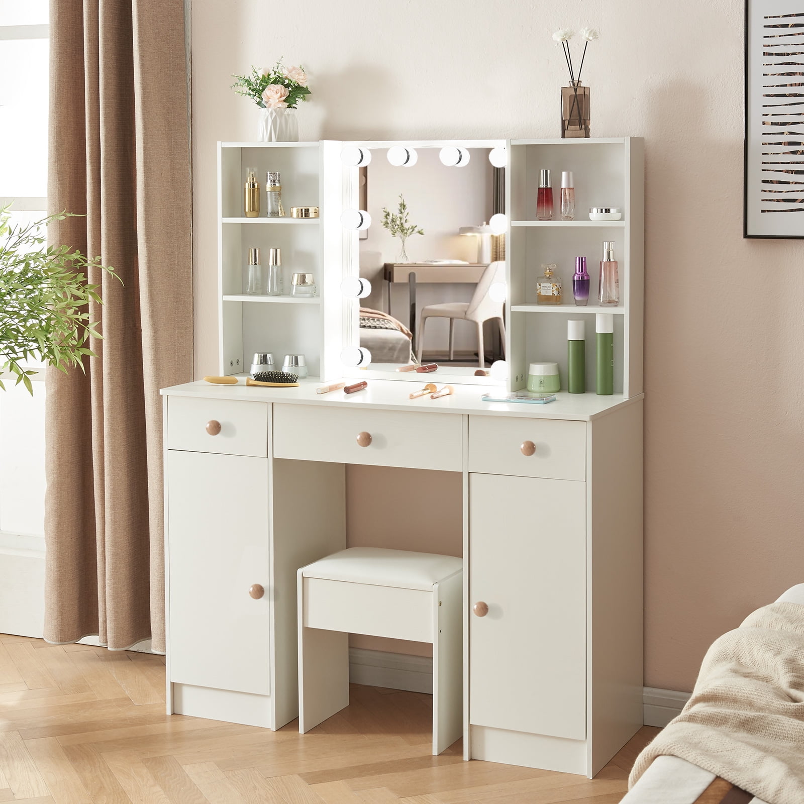 Yamissi Vanity Desk Set w/ LED Lighted Mirror, Stool, 3 Drawers, 6 ...