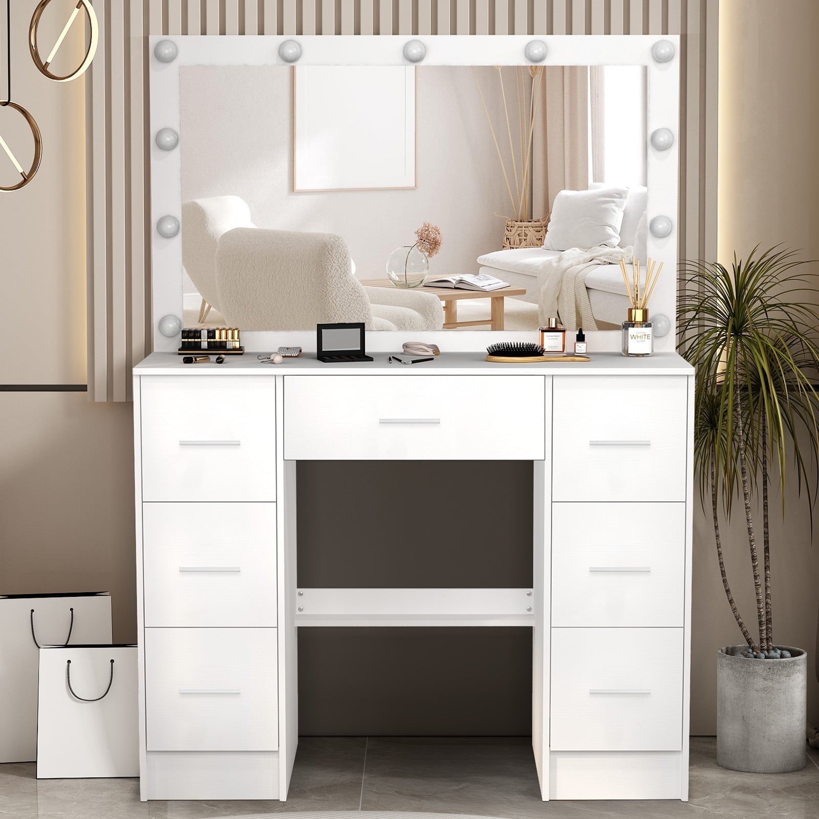 Yamissi Vanity Set with Mirror and Lights, Large Vanity Mirror Makeup ...