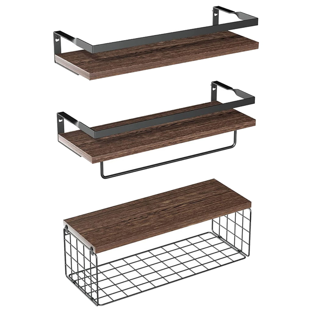 Yammee Floating Storage Shelf with Basket Wood Wall Mount Decoration ...