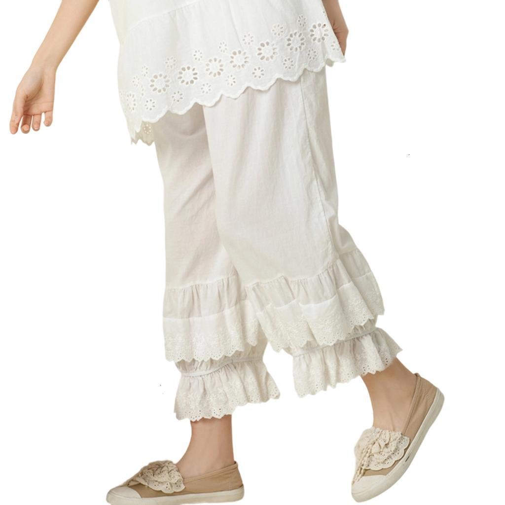 Yammee Women's Layered Ruffle Lace Trim Pettipants Cotton Wide Leg Cut ...