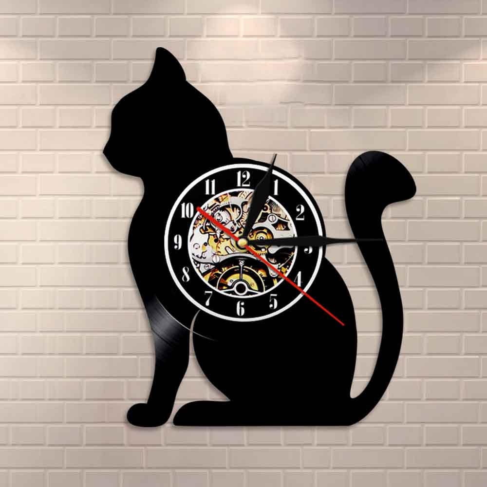 YanGxx Sitting Cat Silhouette Wall Clock Cat Vinyl Record Clock Unique ...