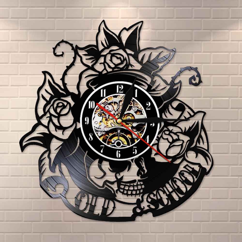 YanGxx Tattoo Skull with Rose Vinyl Record Wall Clock Skeleton Skull ...
