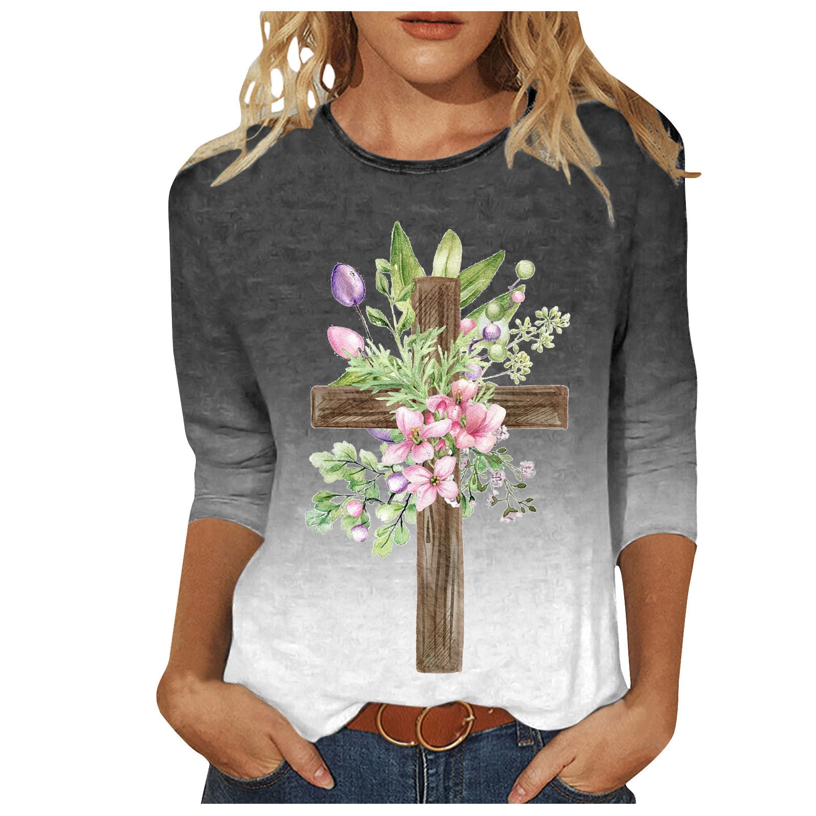 YanHoo 3/4 Sleeve Easter Tops for Women Easter Shirts for Women,2024 ...