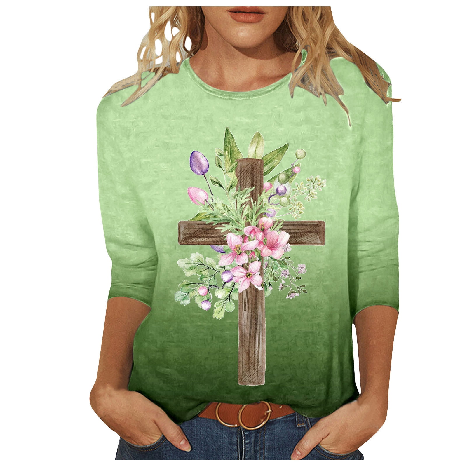 YanHoo Easter 3/4 Sleeve Shirts for Women Plus Size Ladies Easter ...