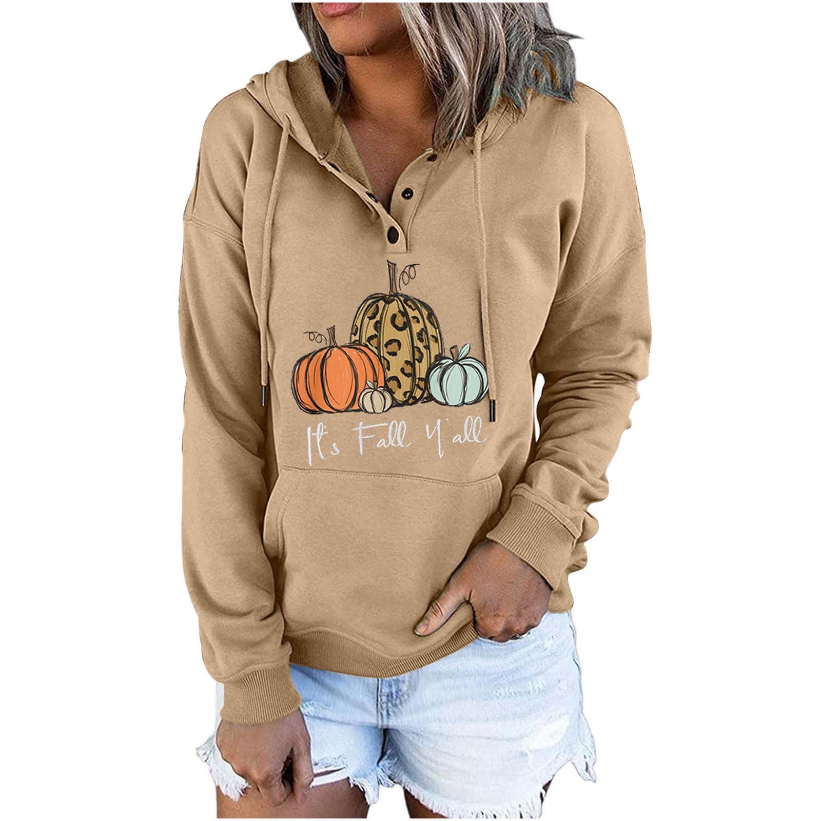 YanHoo Fall Hoodies for Women Pumpkin Sweatshirt Button V Neck Sweater ...