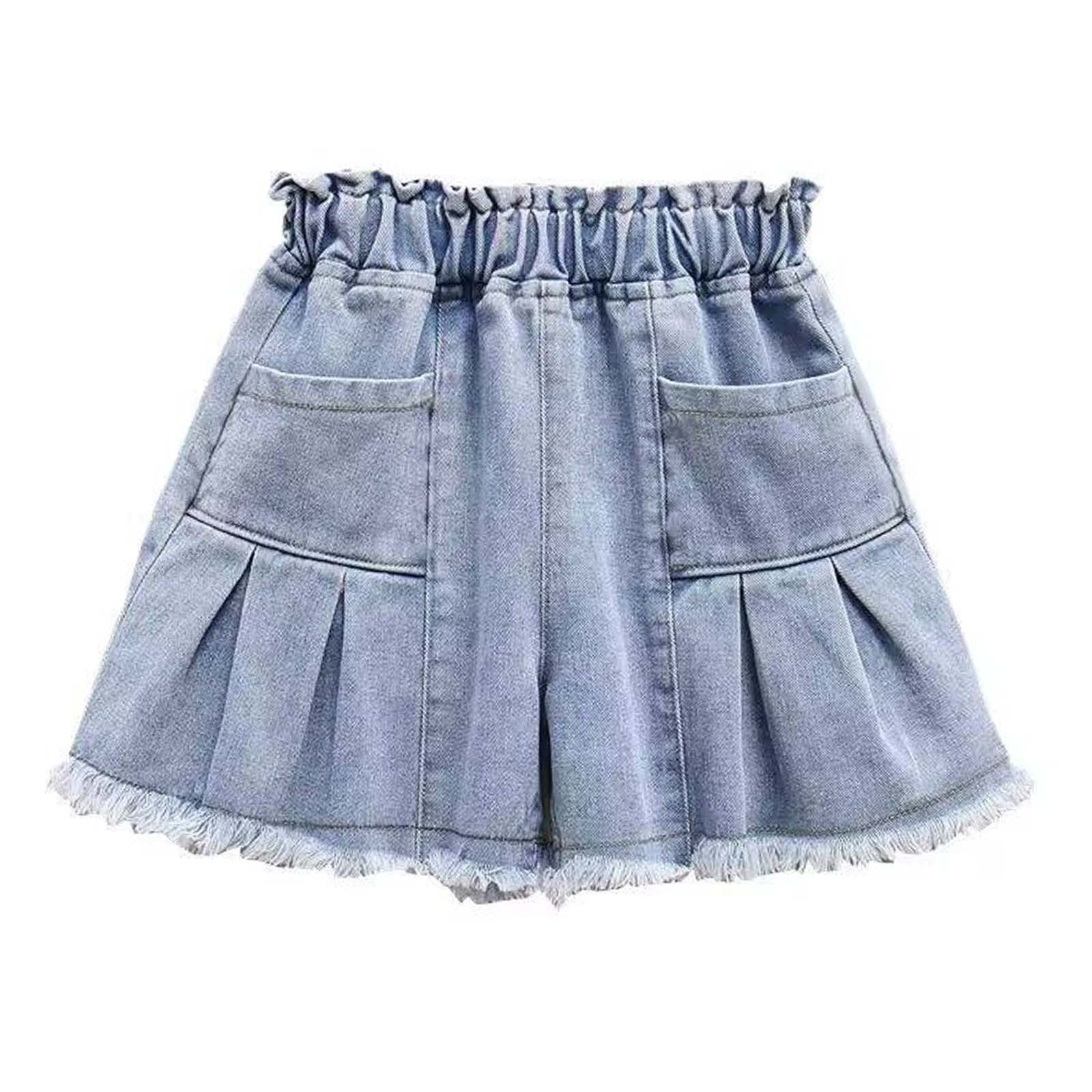 YanHoo Girl's Denim Skirts with Shorts Elastic Waist Aline Frayed Hem ...