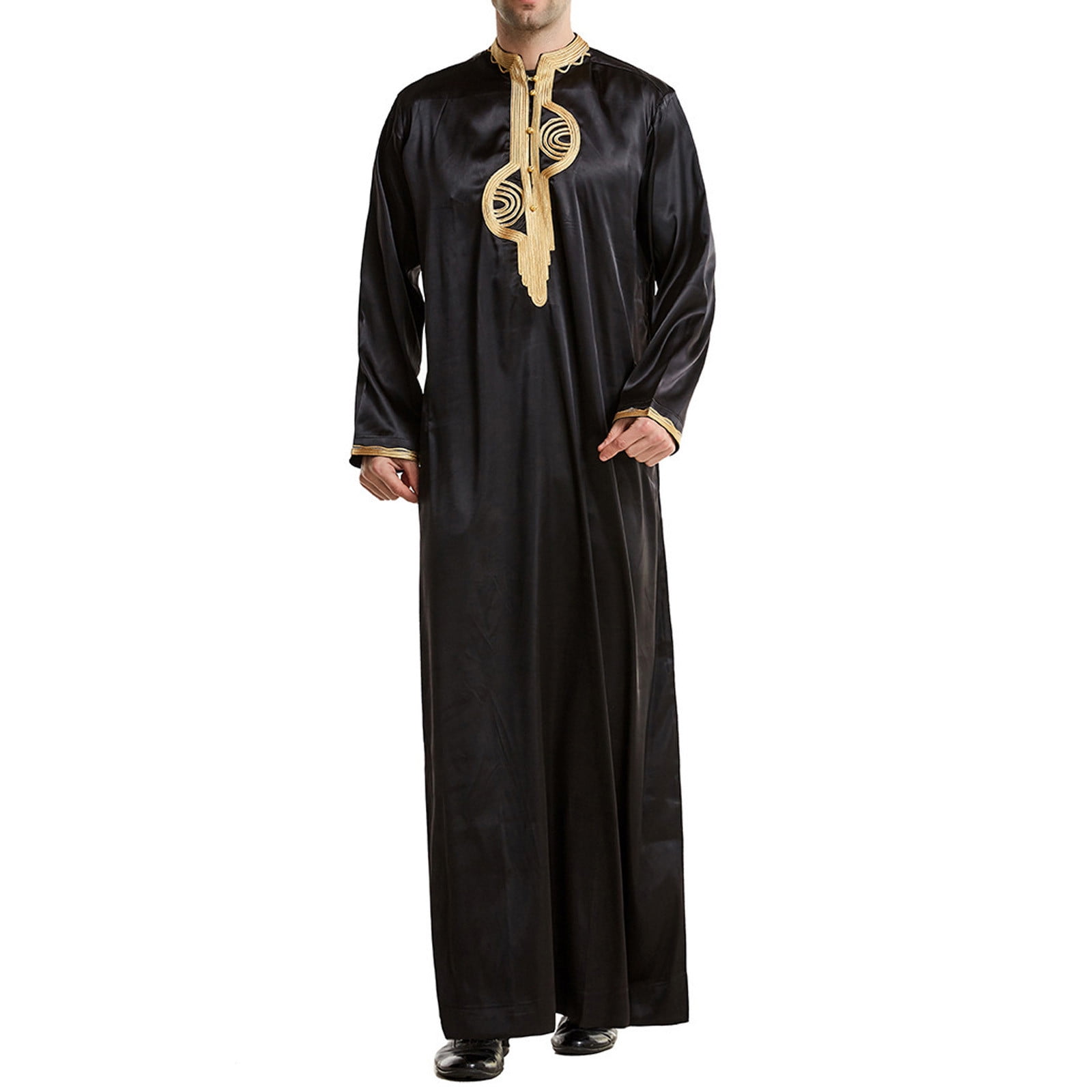YanHoo Men Embroidered Robe Cotton Kaftan Thobe Stand Collar Long ...