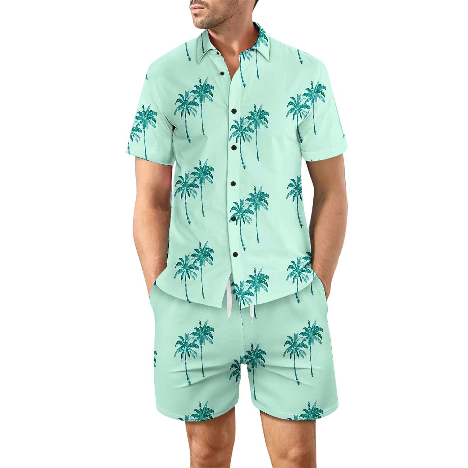 YanHoo Men's 2 Piece Shirts Set Hawaiian Beach Outfits Button Turndown ...