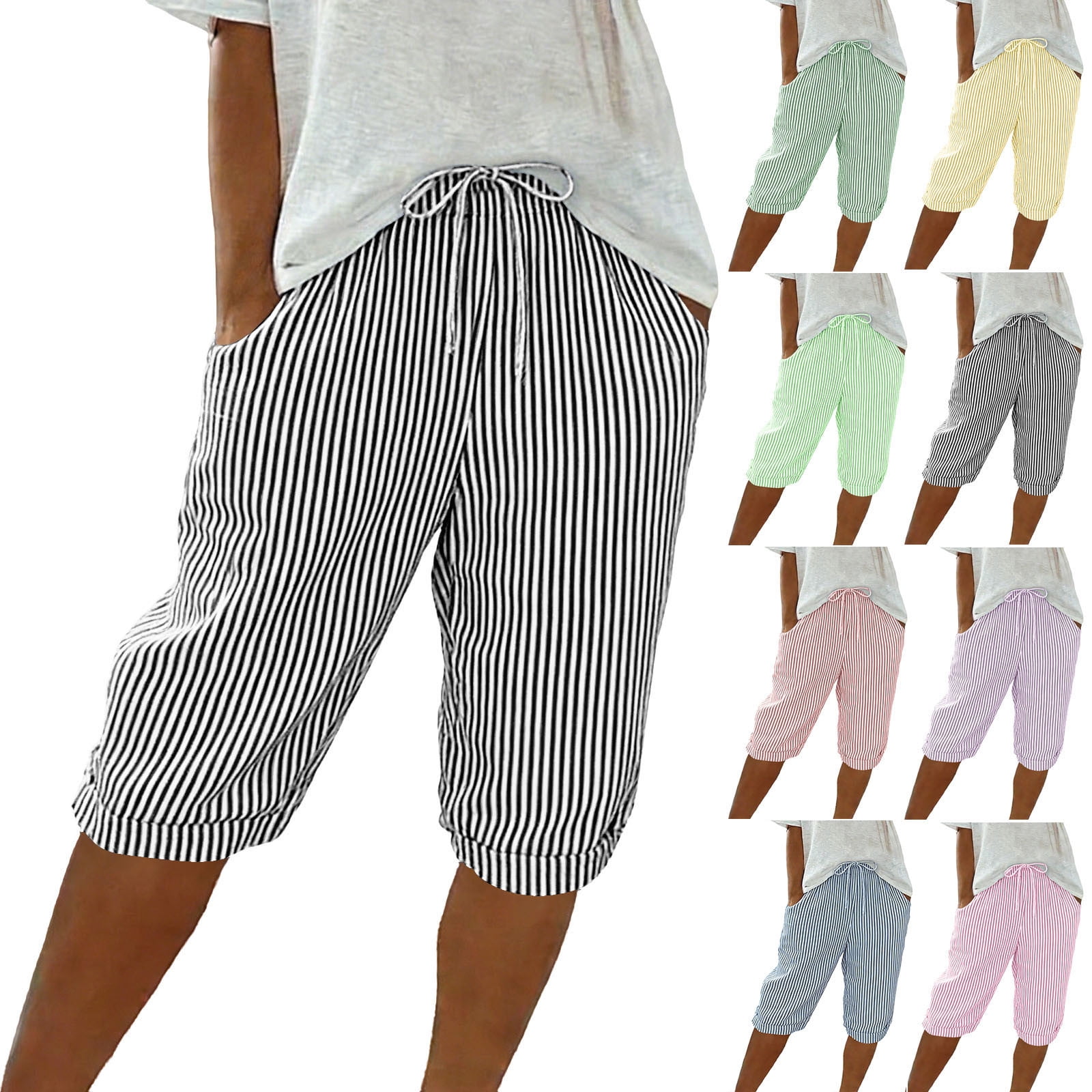 YanHoo Plus Size Linen Shorts for Women Elastic Waisted Drawstring ...