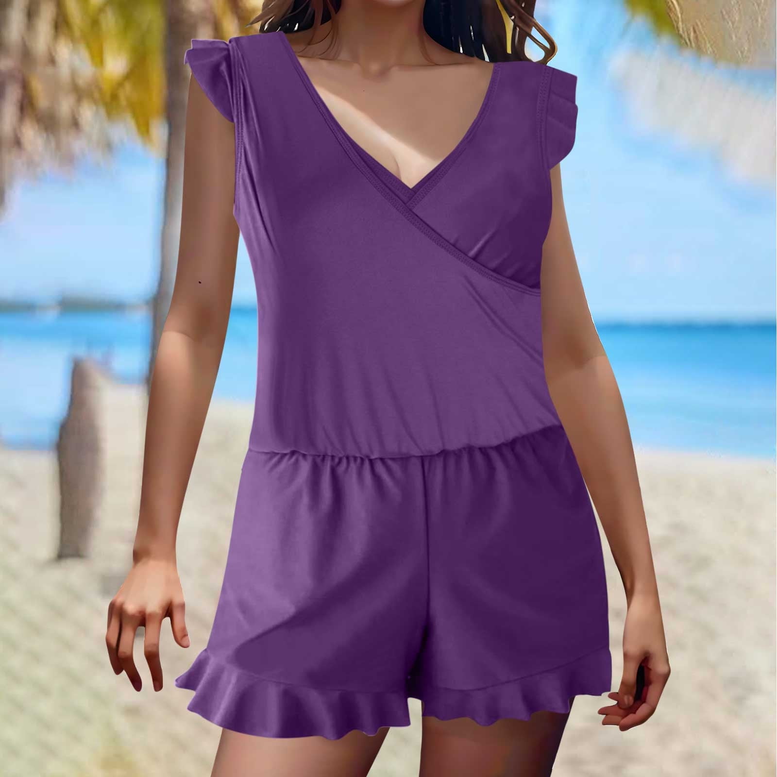 YanHoo Romper Swimsuits for Women with Pockets One Piece Ruffle Built ...