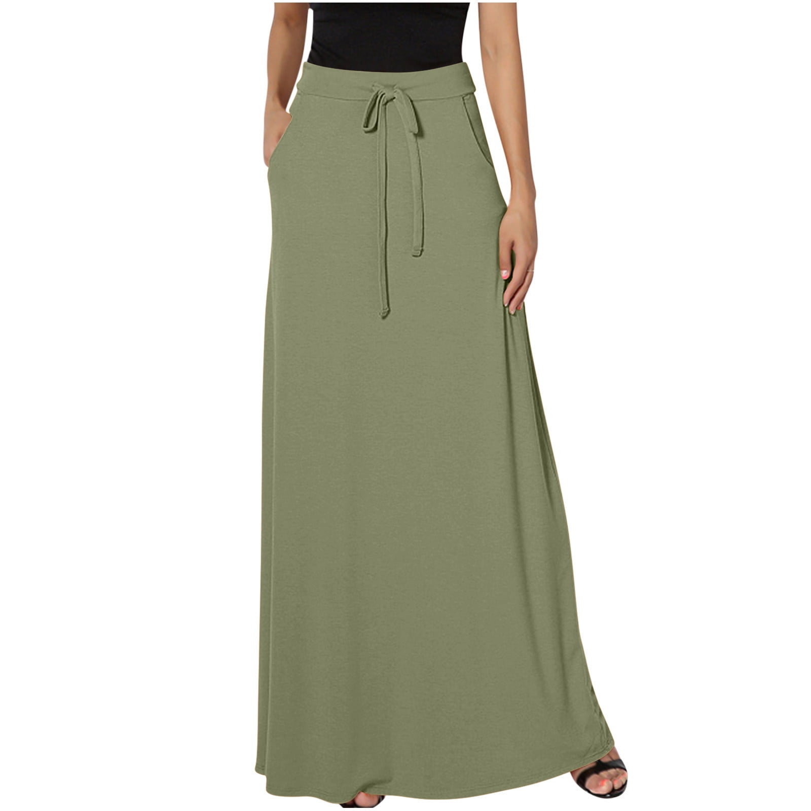 YanHoo Skirts for Women Maxi Length Drawstring Waist Long Skirts with ...