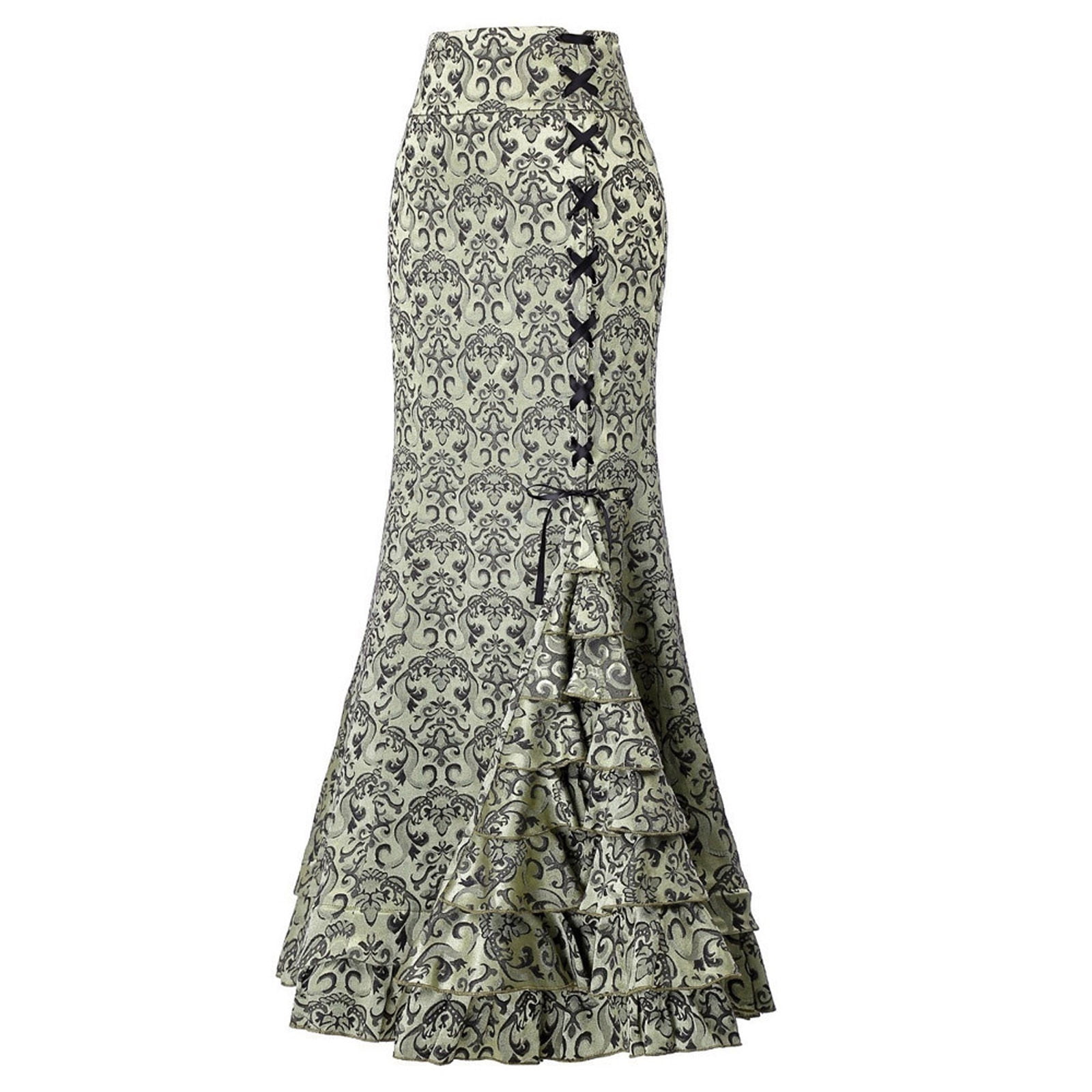 YanHoo Vintage Skirts for Women Retro Lace-Up Drawstring Tiered Ruffle ...