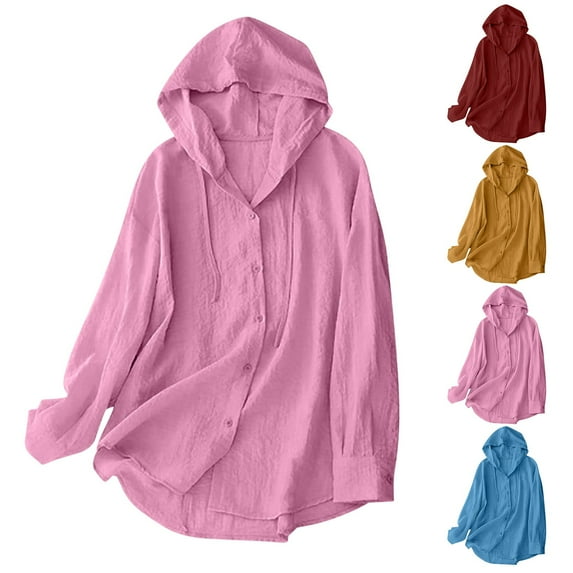 YanHoo Women Cotton Linen Hooded Shirts Fashion Lightweight Button ...
