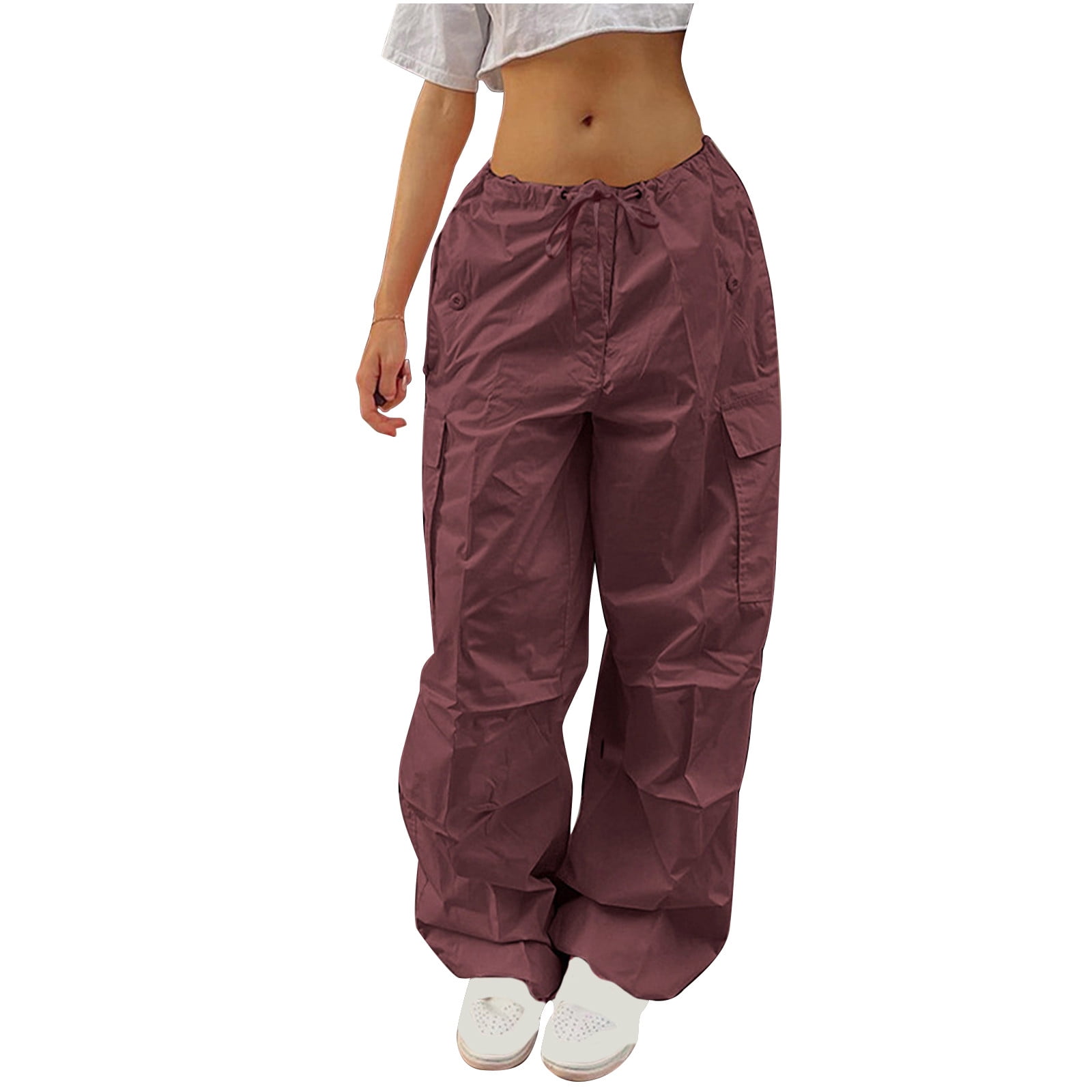 YanHoo Women's Cargo Pants Low Rise Flap Pocket Parachute Pants Baggy ...