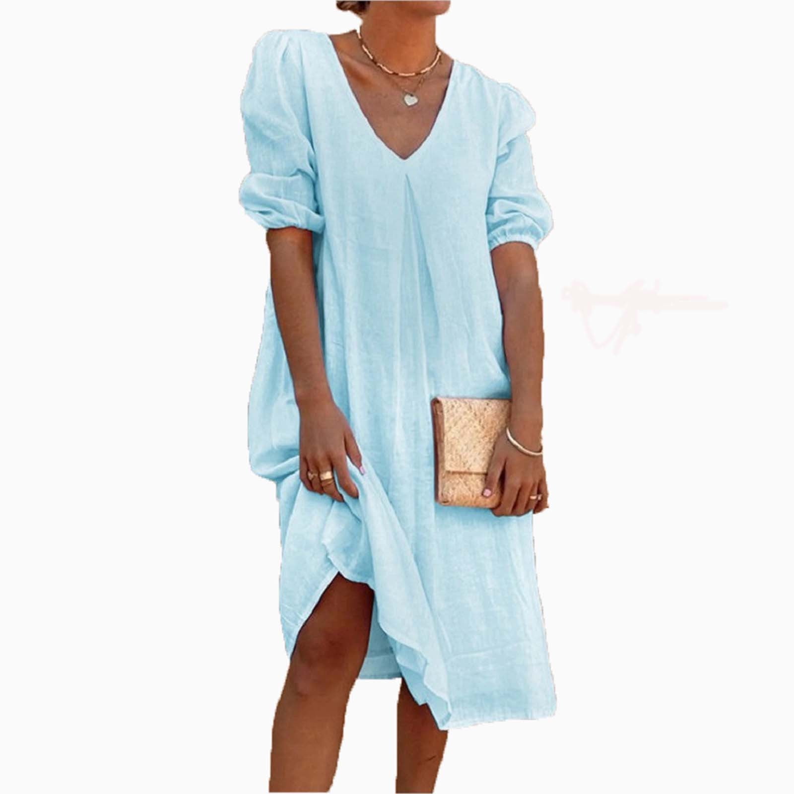 YanHoo Women's Linen Dresses Puff Medium Sleeve V Neck Pleated Midi ...