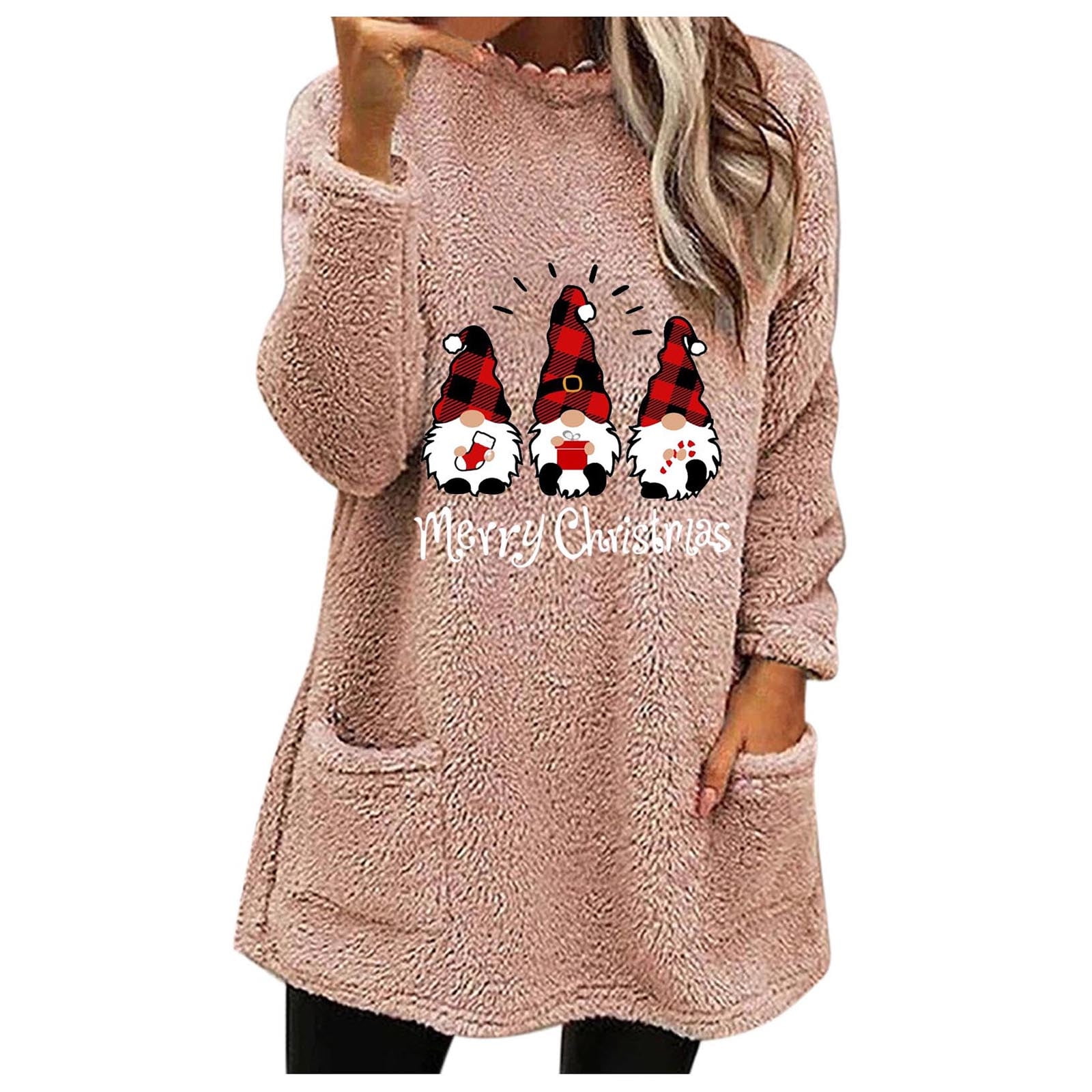 YanHoo Womens Christmas Fleece Crewneck Sweatshirt Plus Size Fuzzy Fleece Long Sleeve Tunic Tops ...
