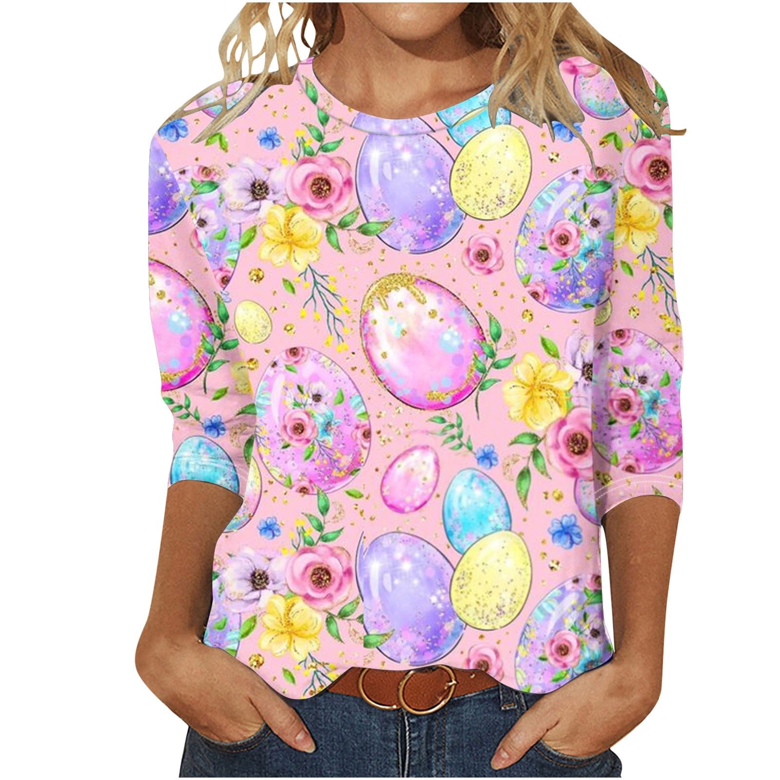 YanHoo Womens Tops 3/4 Sleeve Round Neck Easter Printed Casual T-Shirt ...
