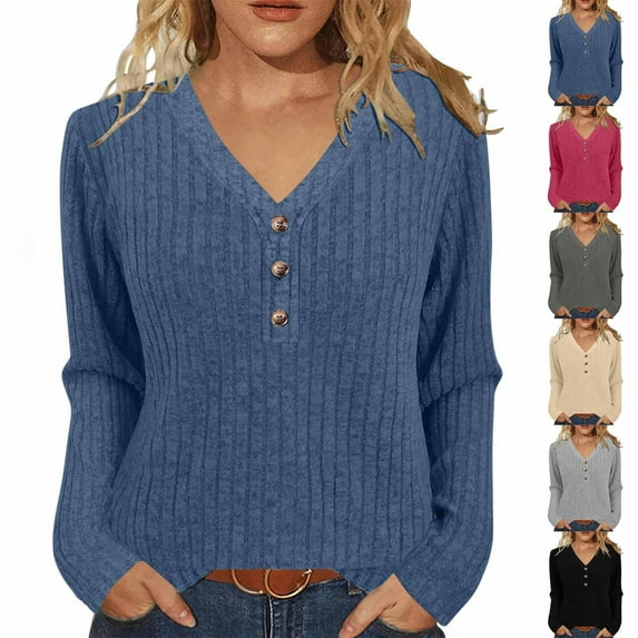YanHoo Womens V Neck Button Long Sleeve Shirt Ribbed Knit Fall Fashion ...