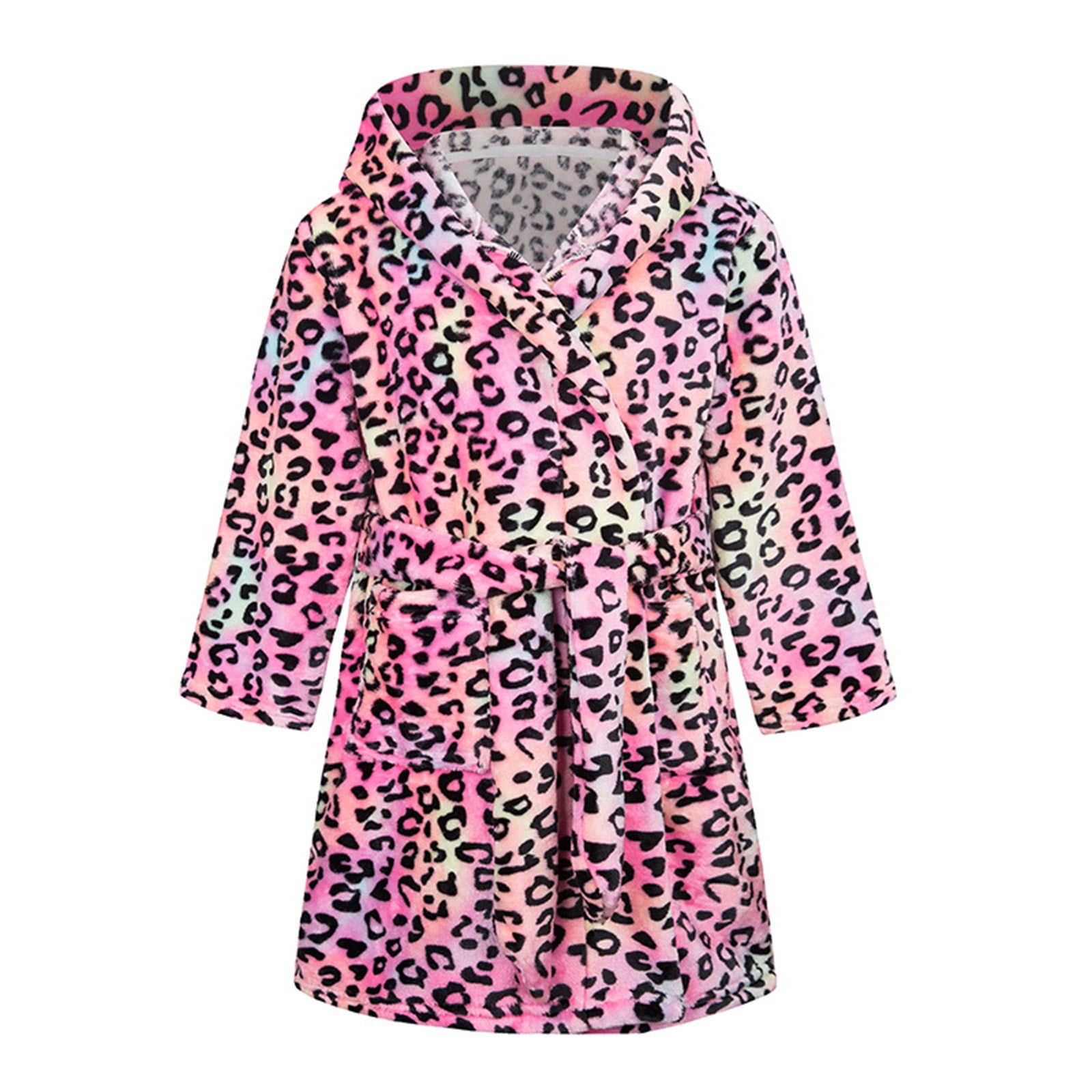 YanQiao Leopard Robe for Girls Fleece Toddler Kids Teen Hooded Bathrobe ...