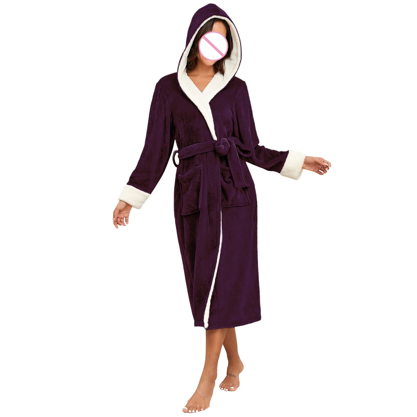 YanQiao Womens Hooded Plush Bathrobe Warm Flannel Soft Long Robe Full ...