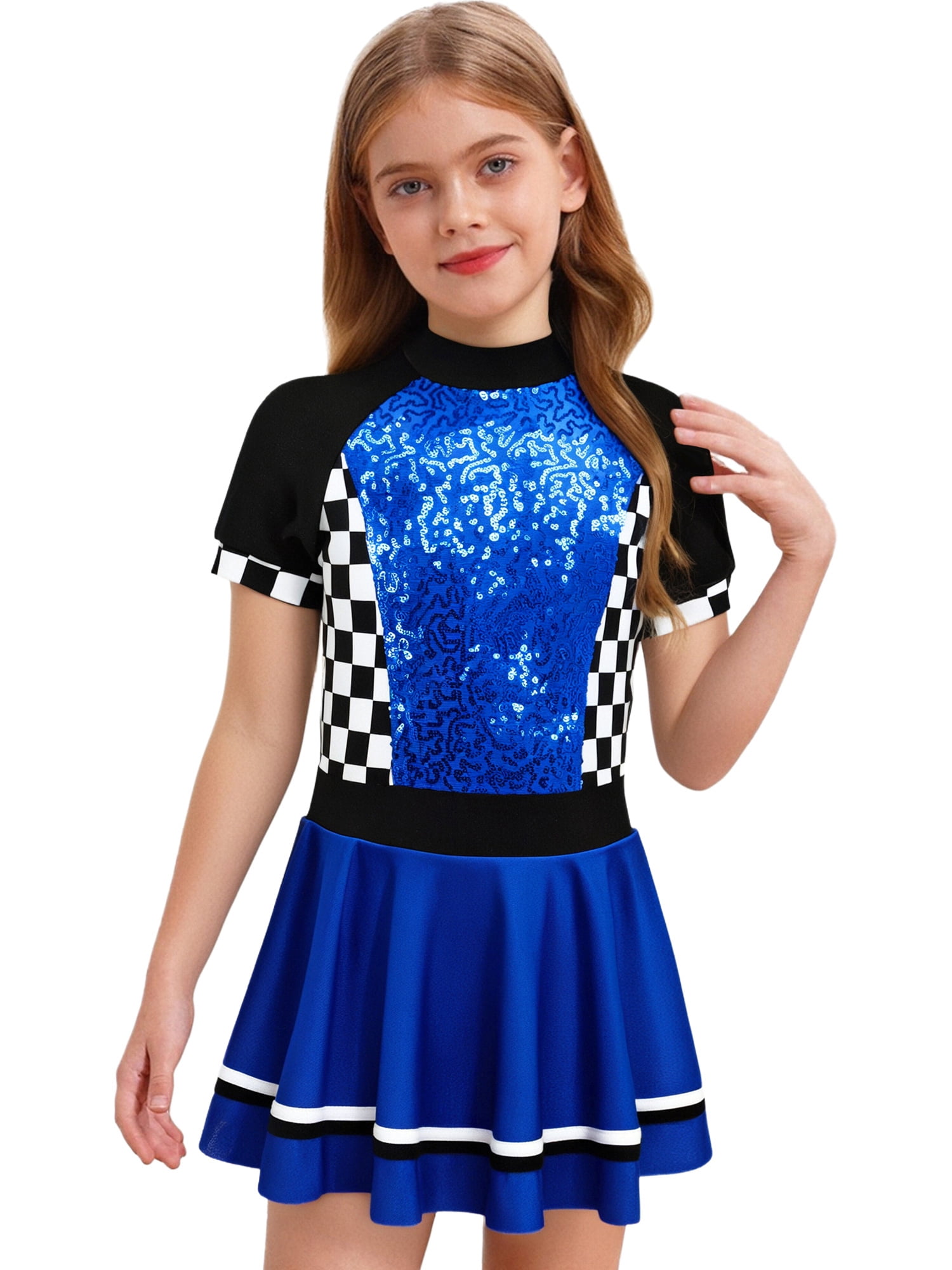 Yanarno Girls Race Car Driver Jumpsuit Glitter Racer Dress Checkerboard ...