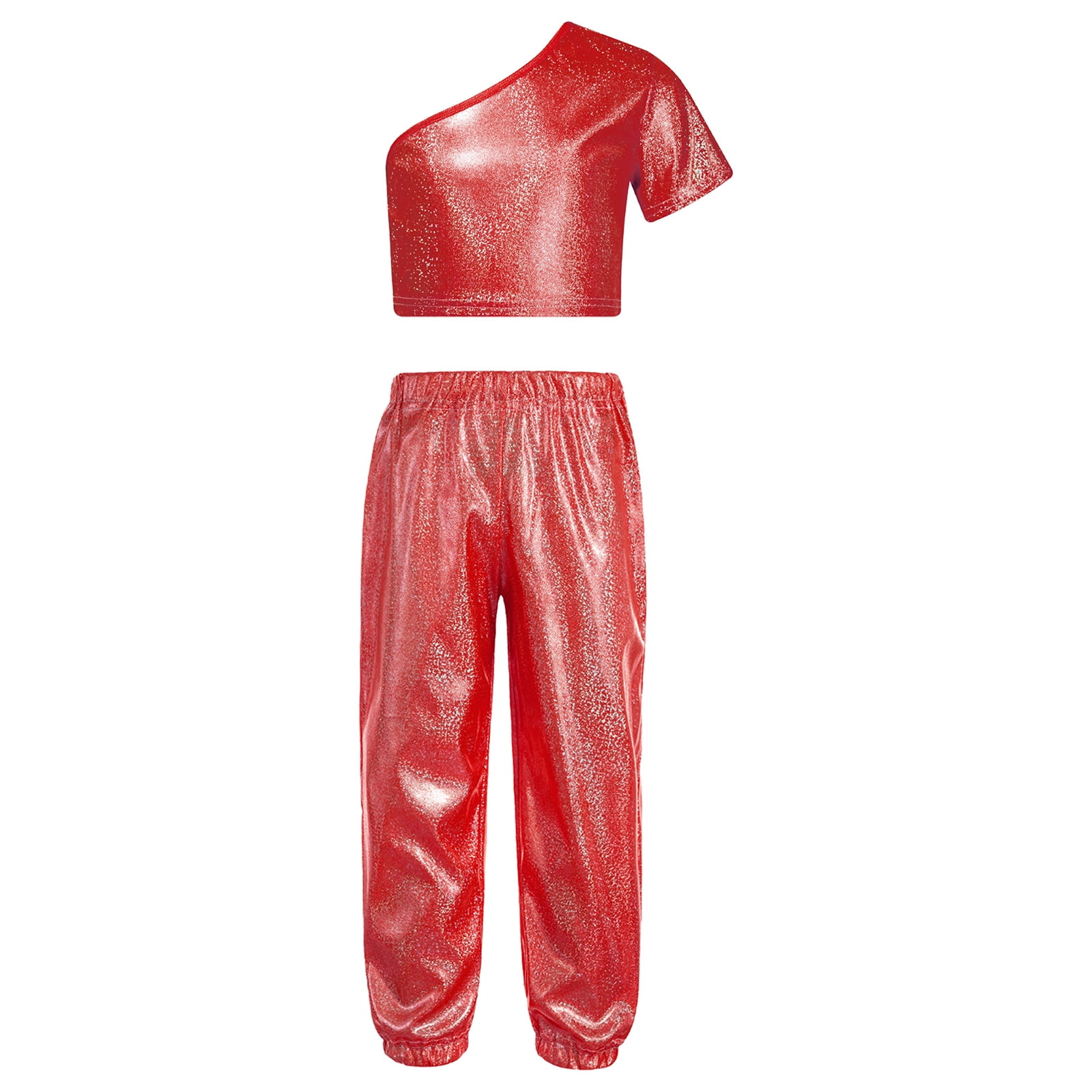 Yanarno Kids Hip Hop Dance Outfit Girls One Shoulder Tops Shiny ...