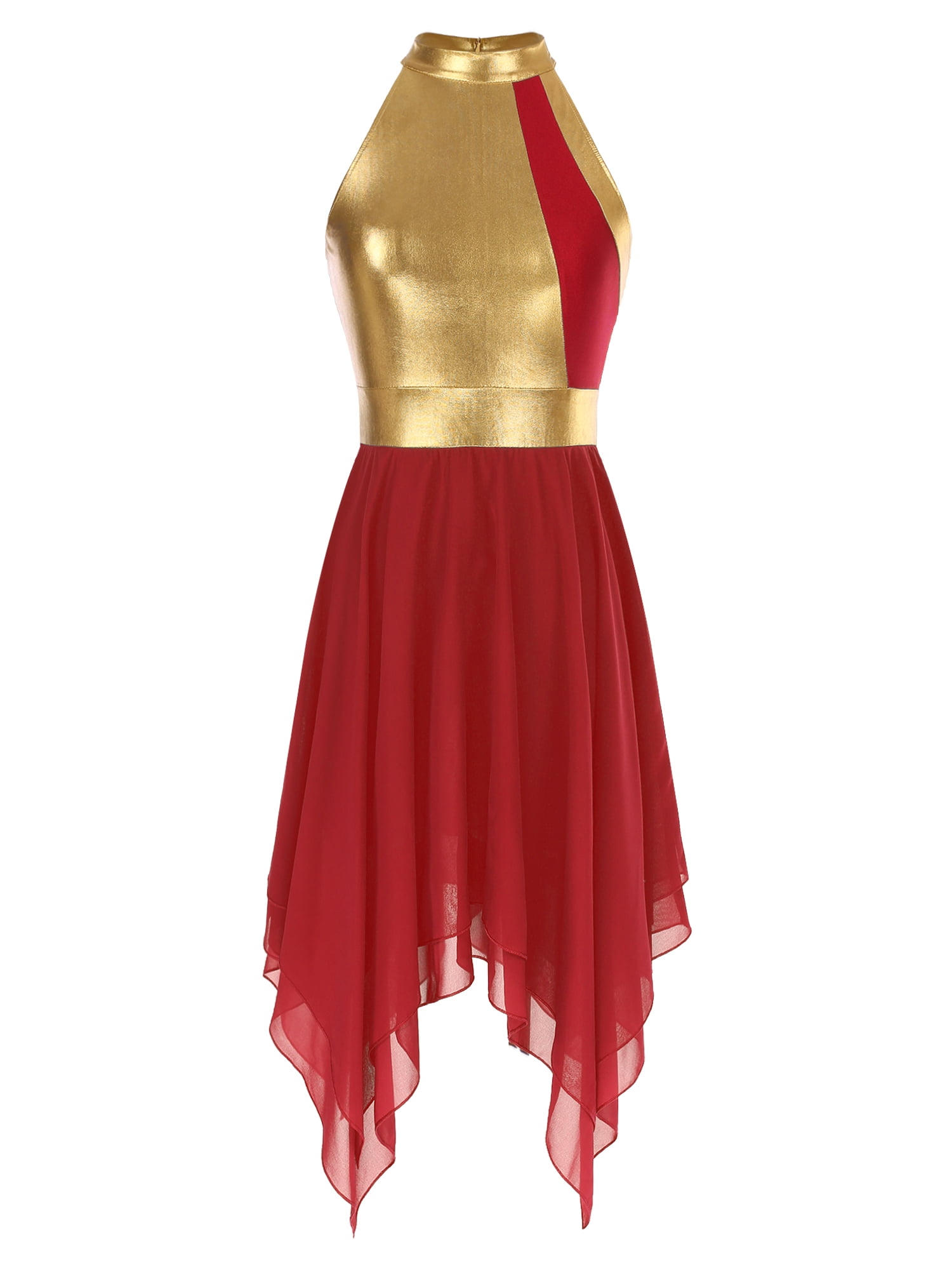 Yanarno Women Metallic Gold Sleeveless Lyrical Dance Dress Praise Liturgical Dancewear Modern ...