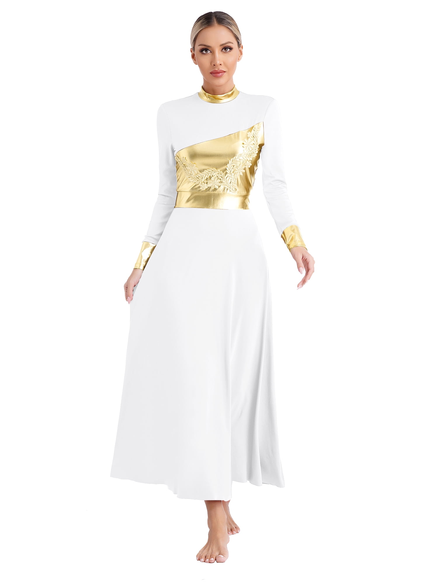 Yanarno Womens Mock Neck Praise Dance Dress Shiny Metallic Long Sleeve ...
